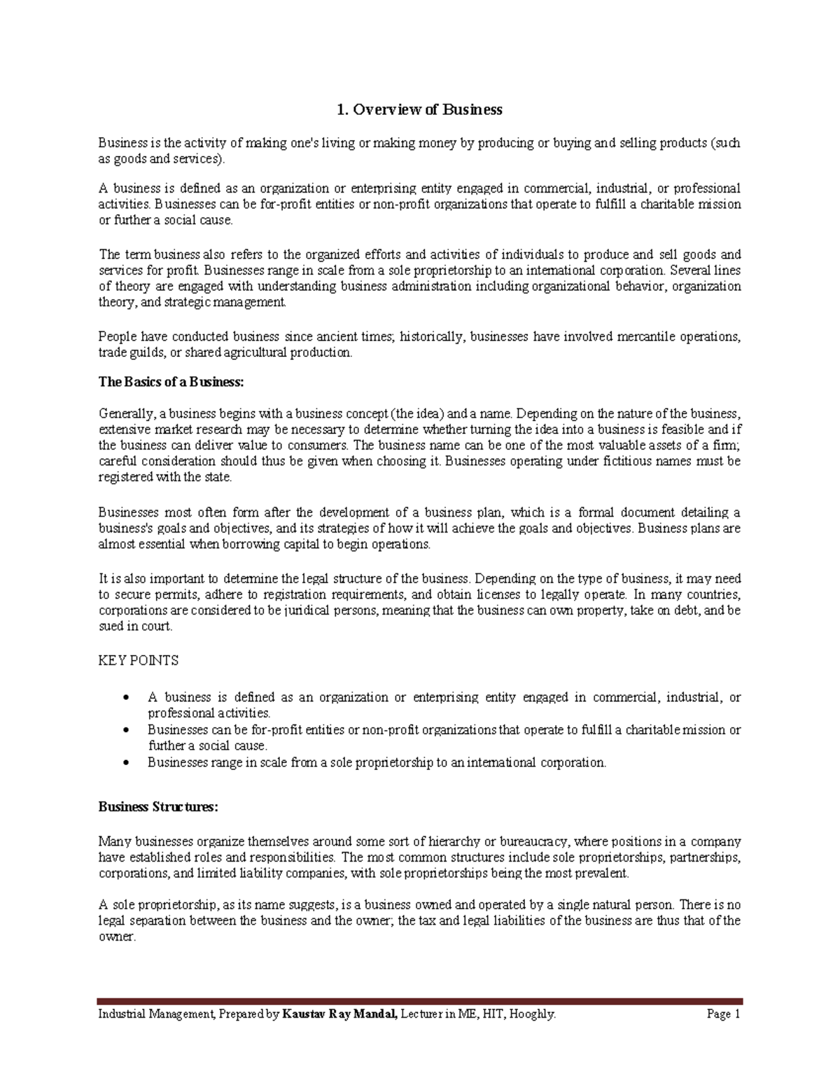 1. Overview of Business - 1. Overview of Business Business is the ...