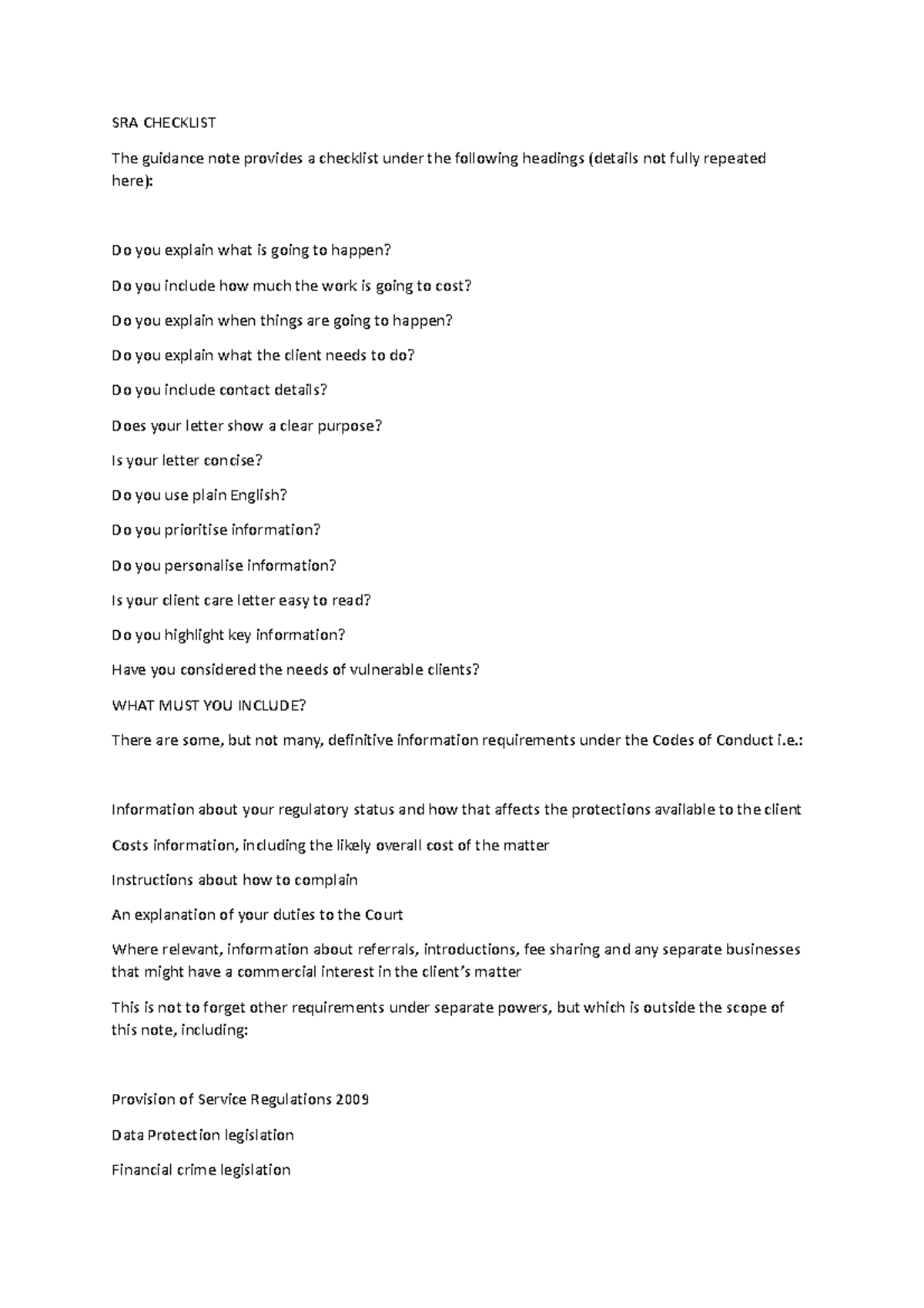 SRA Checklist - SRA CHECKLIST The guidance note provides a checklist ...