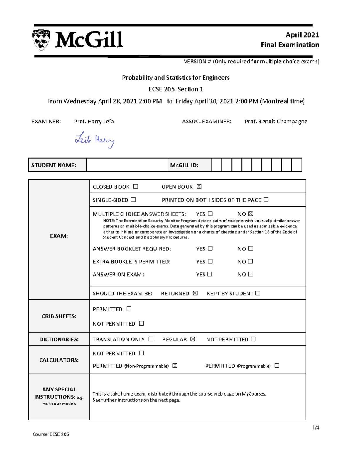 Final exam winter 2021 marking scheme+sol - 1/ Course: ECSE 205 April ...