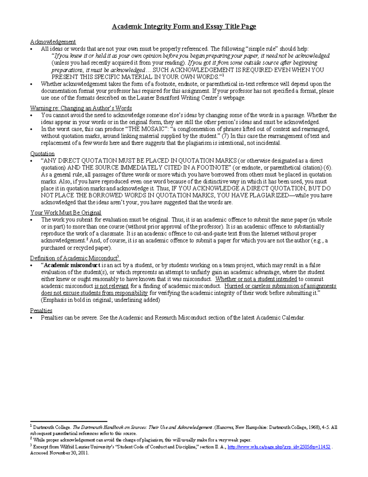 Academic Integrity Form - The following “simple rule” should help: “If ...