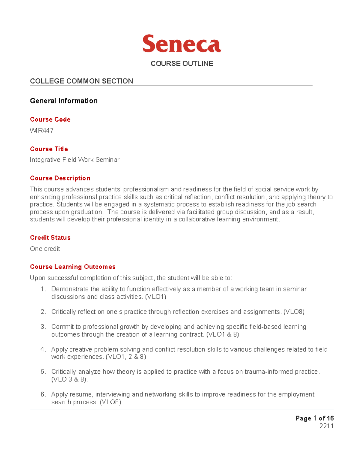 447 Course Outline - COURSE OUTLINE COLLEGE COMMON SECTION General ...