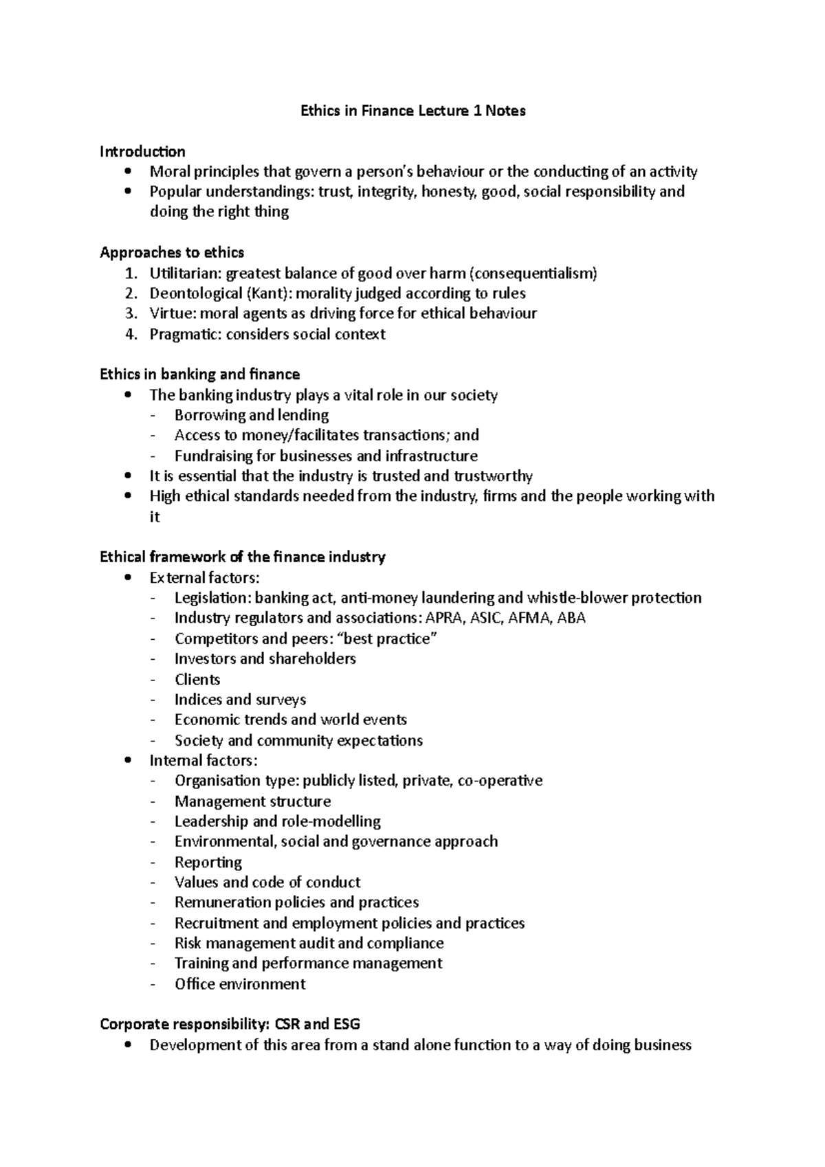 Ethics in Finance Lecture 1 Notes - Ethics in Finance Lecture 1 Notes ...