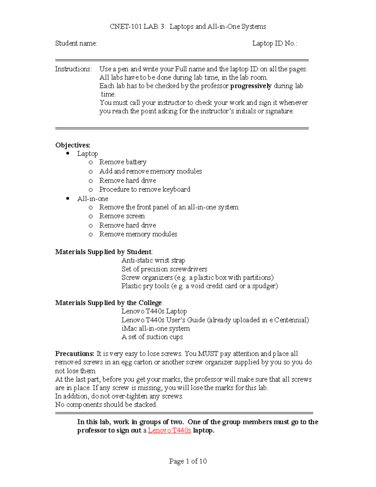 LAB 3 - Laptops and All-in-One Systems - Student name: Laptop ID No ...