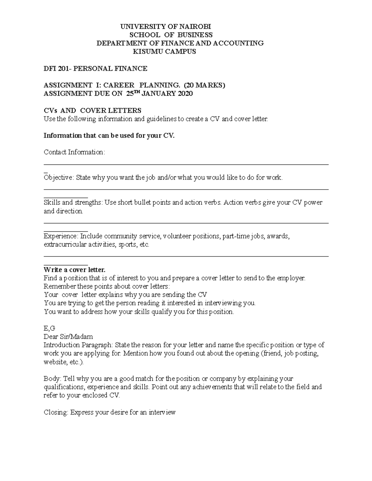 Personal Finance Assignments - UNIVERSITY OF NAIROBI SCHOOL OF BUSINESS ...