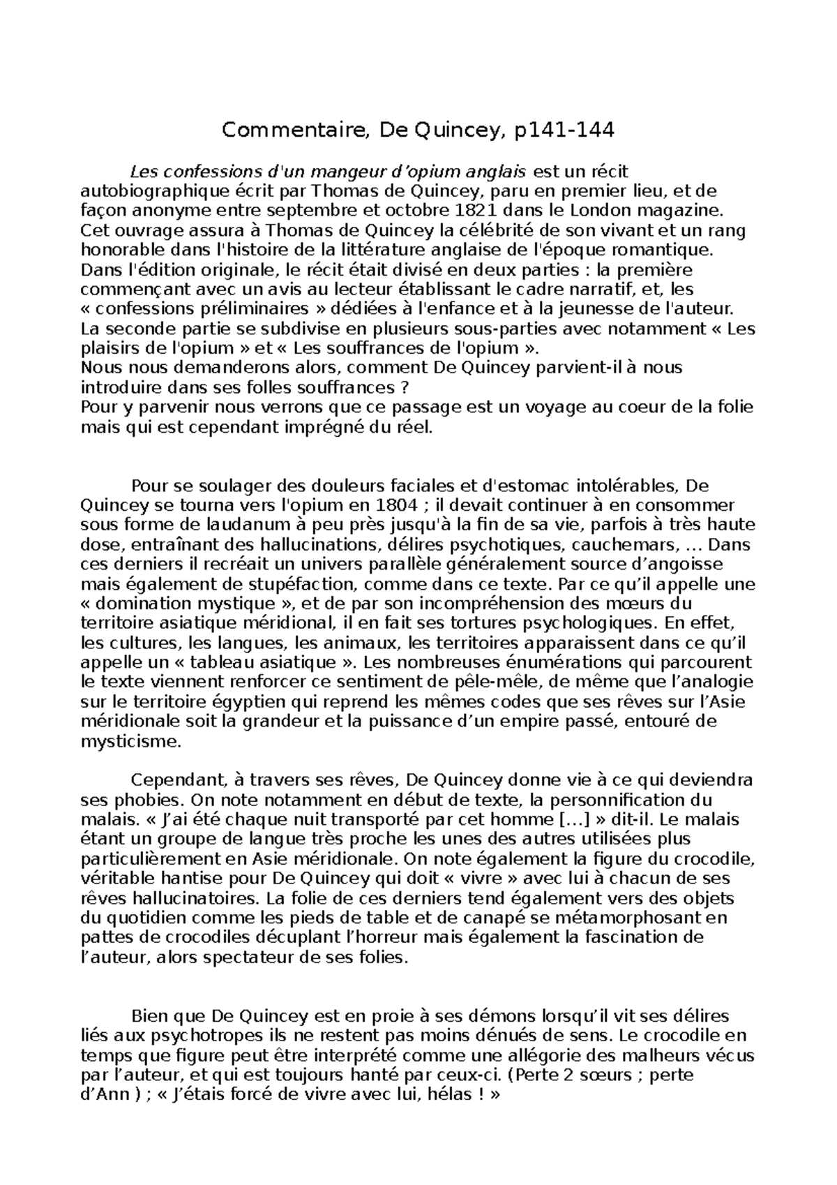 Examen Avril 2018, questions et réponses - Commentaire, De Quincey ...