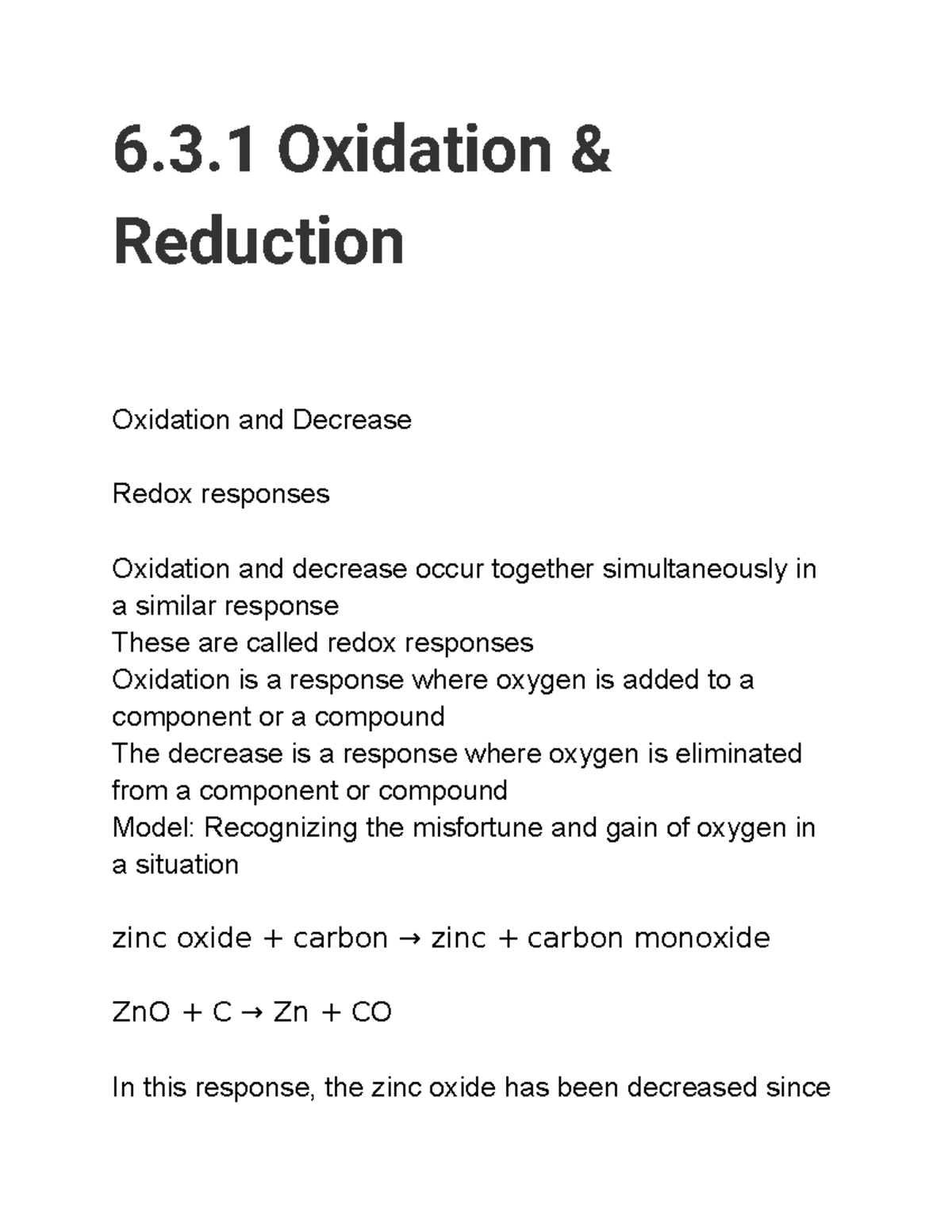 Oxidation and reduction notes 6.3 - 6.3 Oxidation & Reduction Oxidation ...