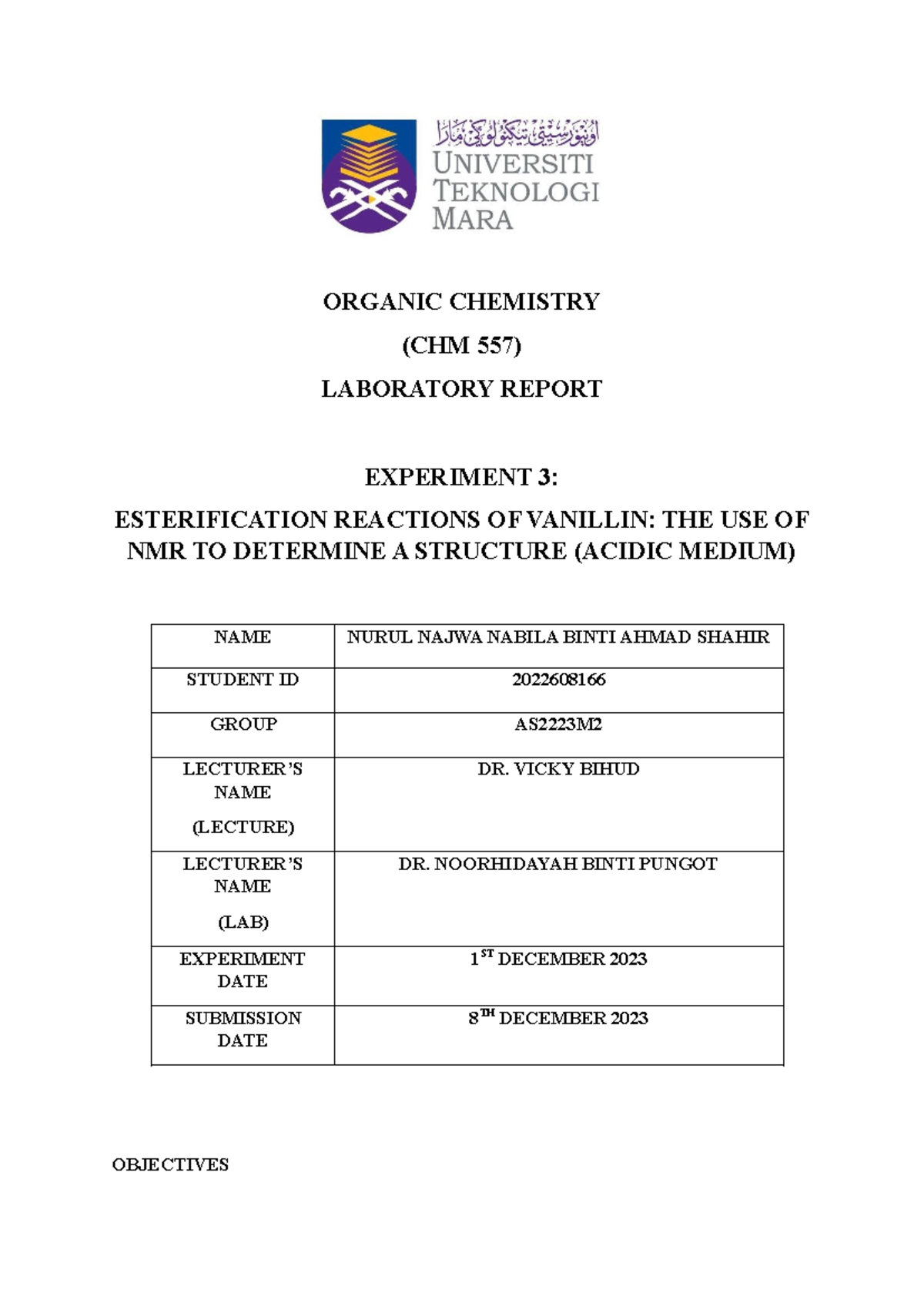 Organic Chemistry experiment 3 acidic - ORGANIC CHEMISTRY (CHM 557) LABORATORY REPORT EXPERIMENT ...