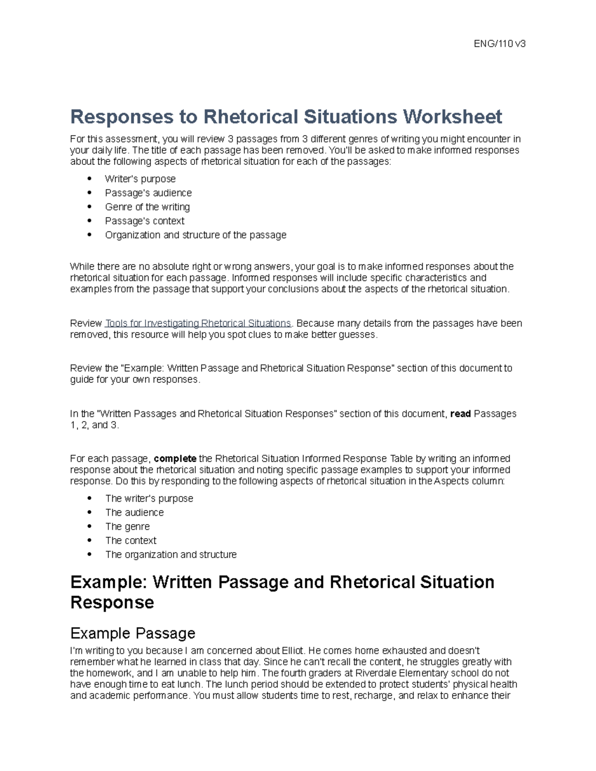 English - ENG/110 v Responses to Rhetorical Situations Worksheet For ...