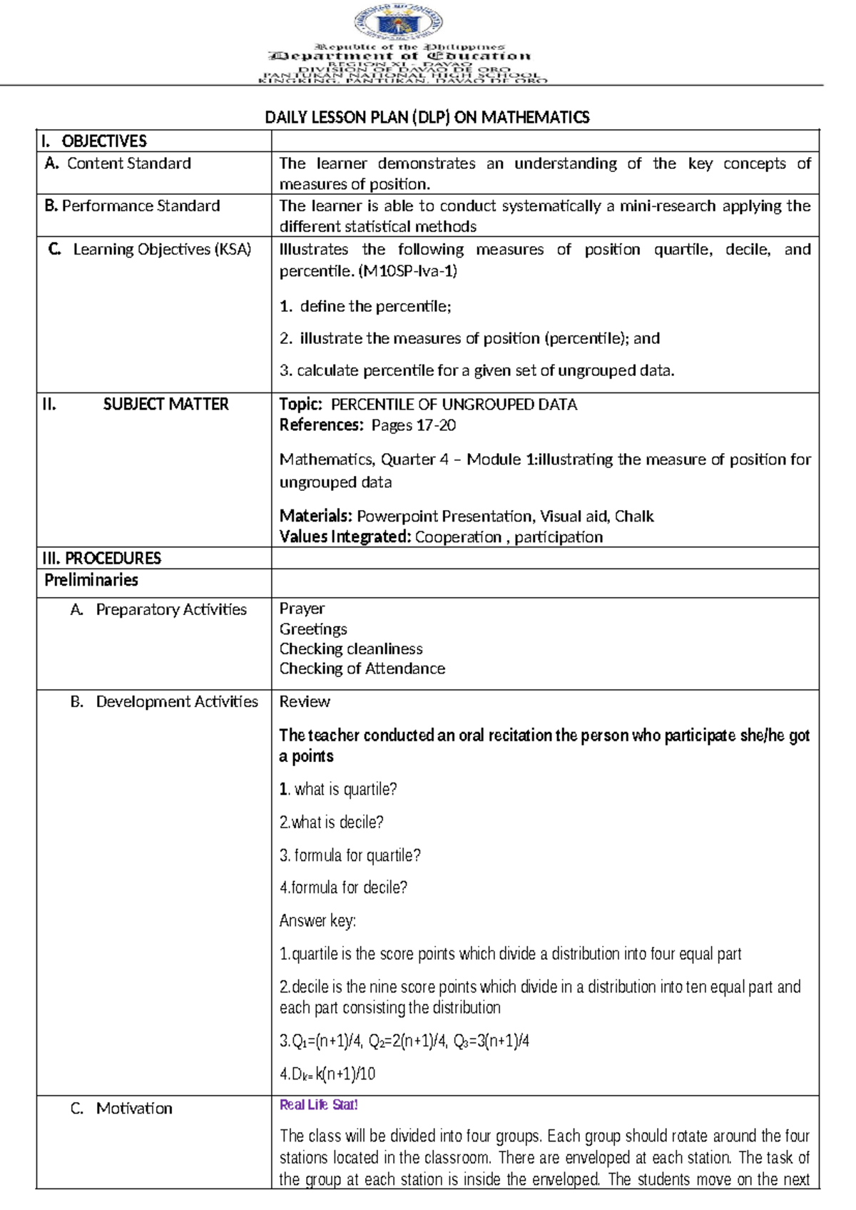 LP- Percentile - Lesson Plan - DAILY LESSON PLAN (DLP) ON MATHEMATICS I. OBJECTIVES A. Content ...