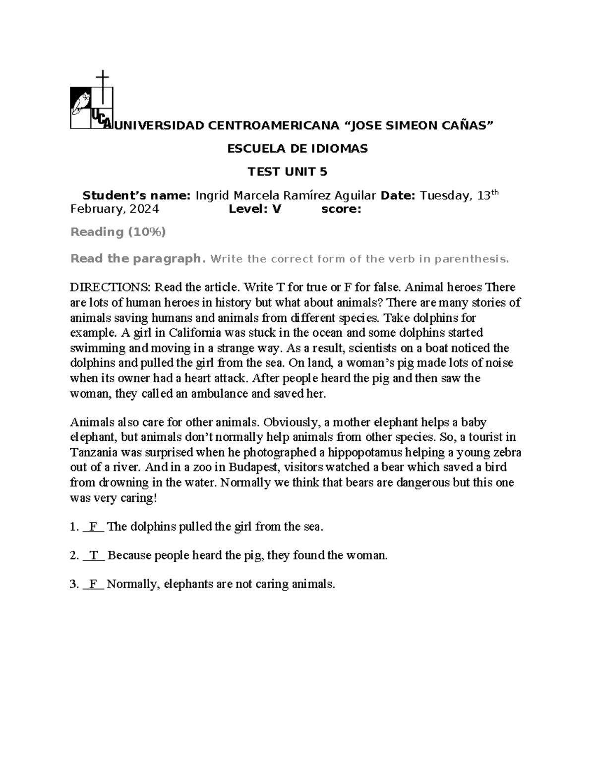 Test unit 5 level 5 - examen - UNIVERSIDAD CENTROAMERICANA “JOSE SIMEON ...