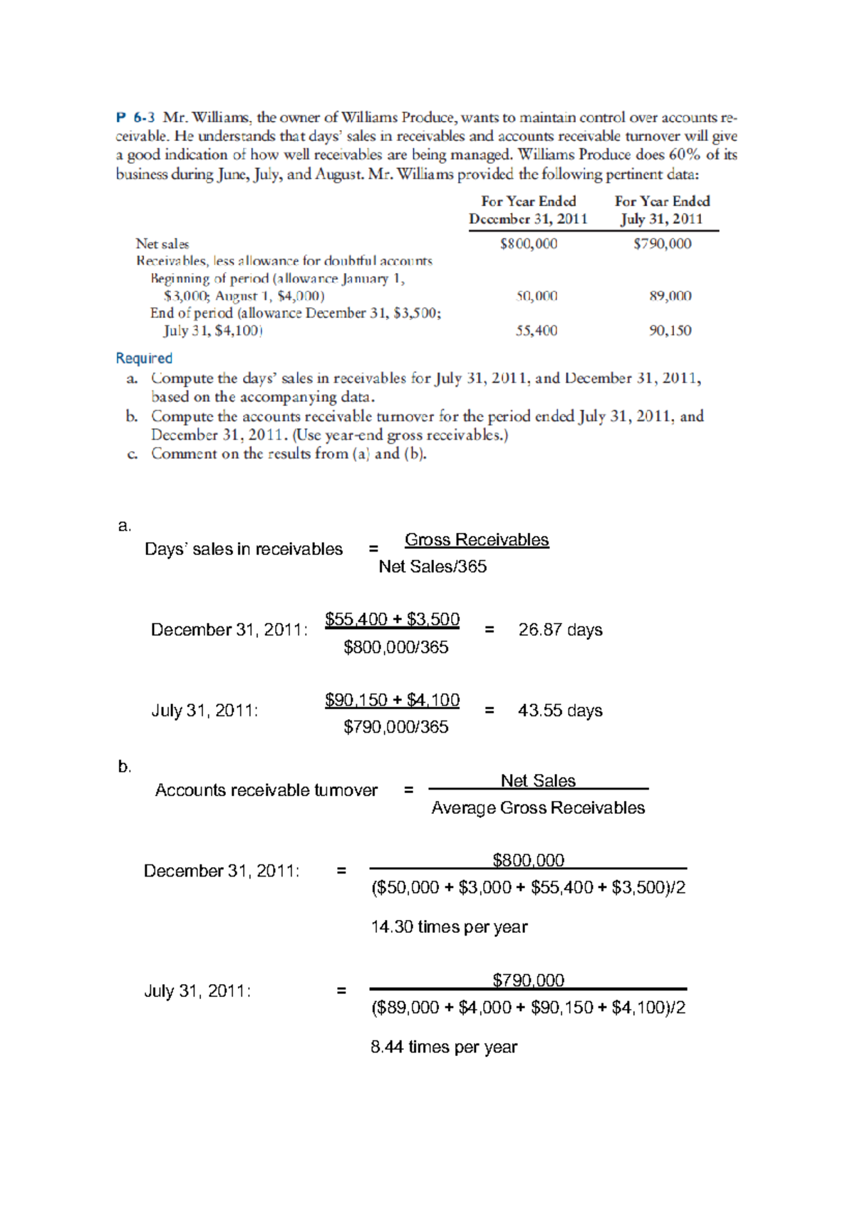 FSA Chapter 6 QA Answers - a. Days’ sales in receivables = Gross Receivables Net Sales/ December ...