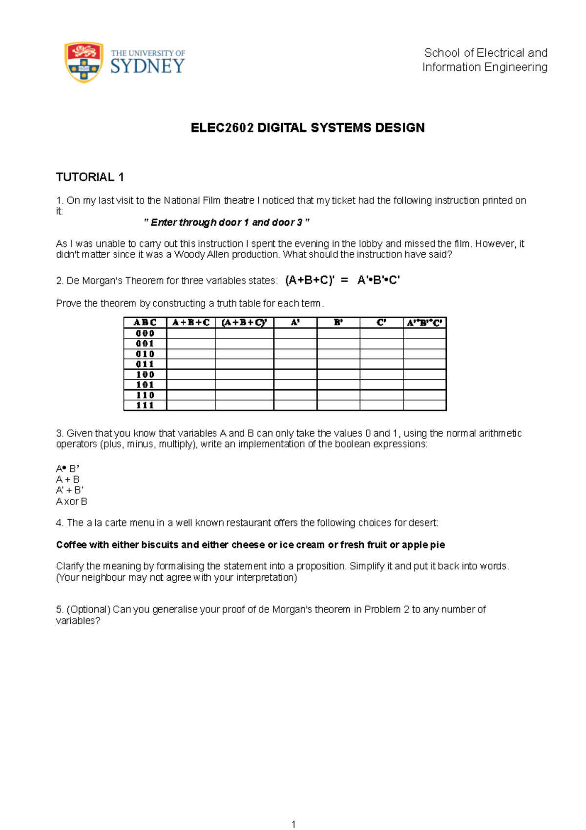 ELEC1103 Tutorial Worksheet Semester 1 2021 - ELEC2602 DIGITAL SYSTEMS ...