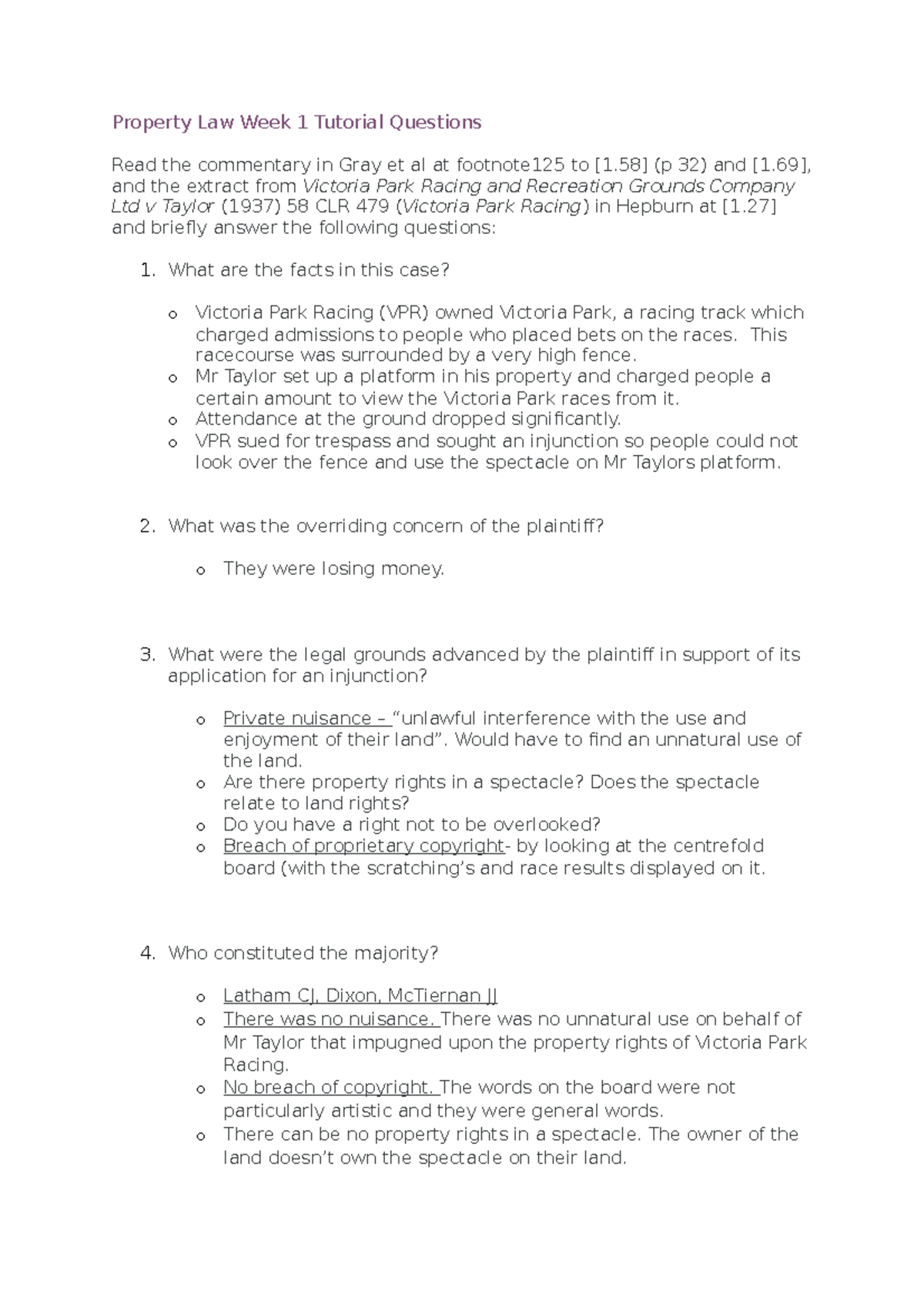 Property Law Week 1 Tutorial Questions - Property Law Week 1 Tutorial Questions Read the ...