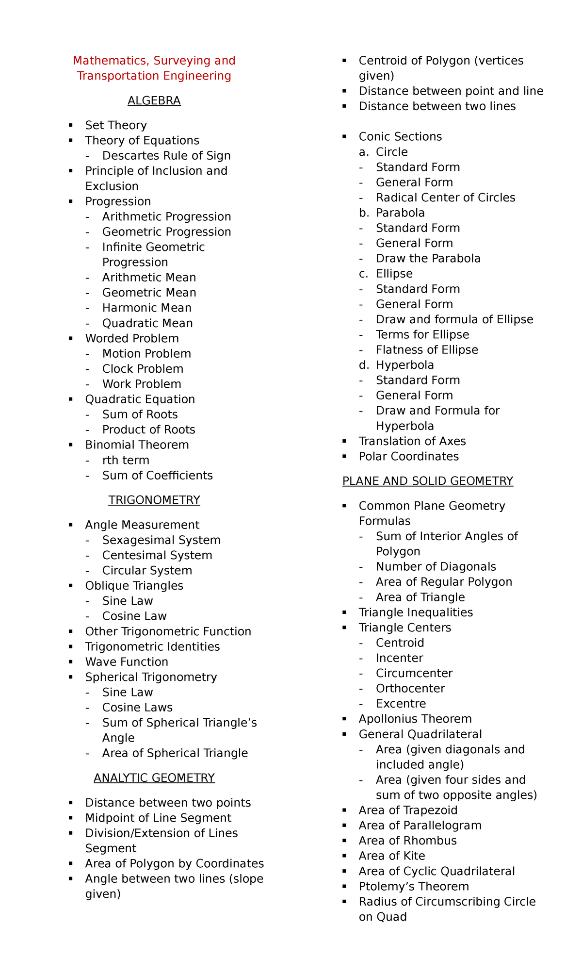 Formula Outline for MSTE - Mathematics, Surveying and Transportation ...