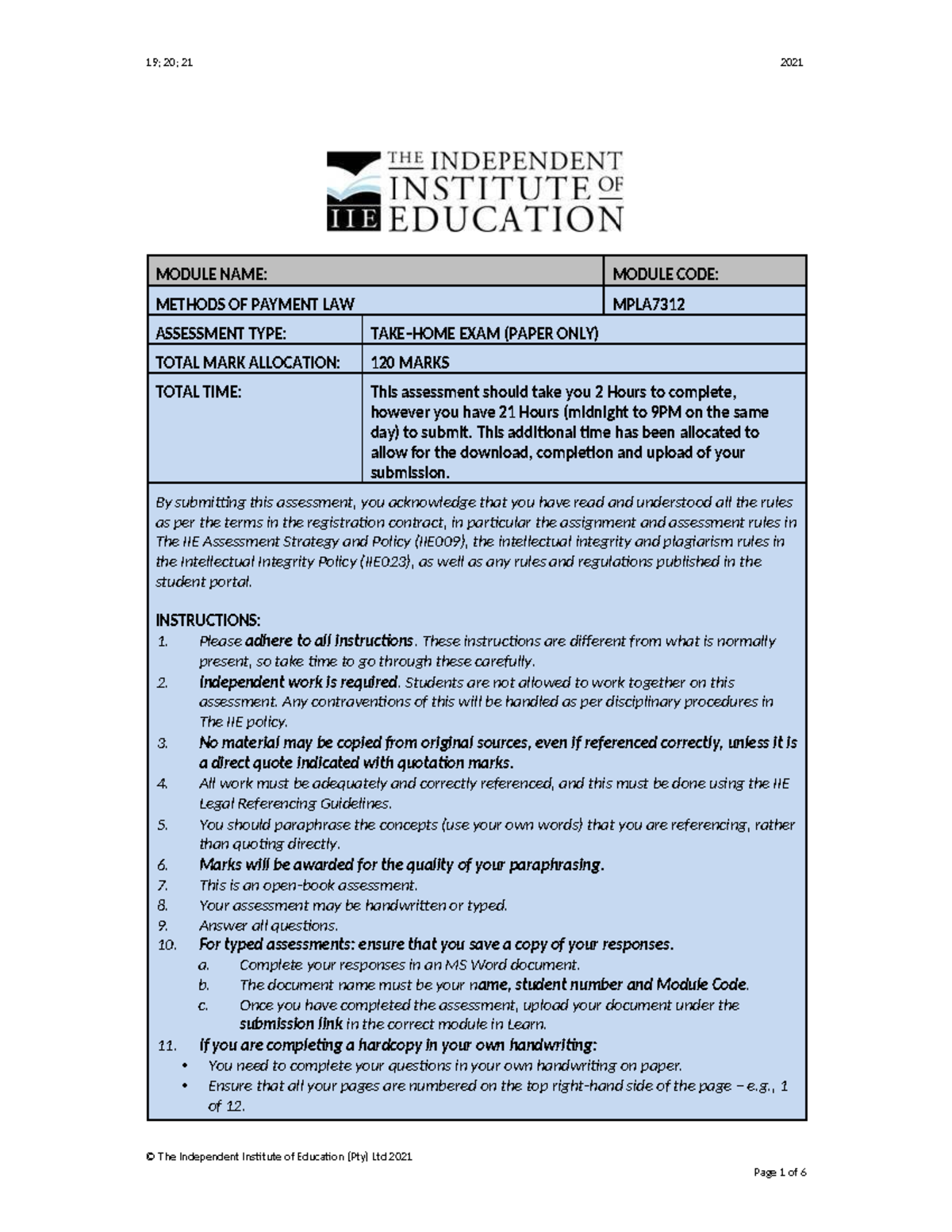 ..2021 - IIE Law Referencing Guide 2022 V5 - MODULE NAME: MODULE CODE ...