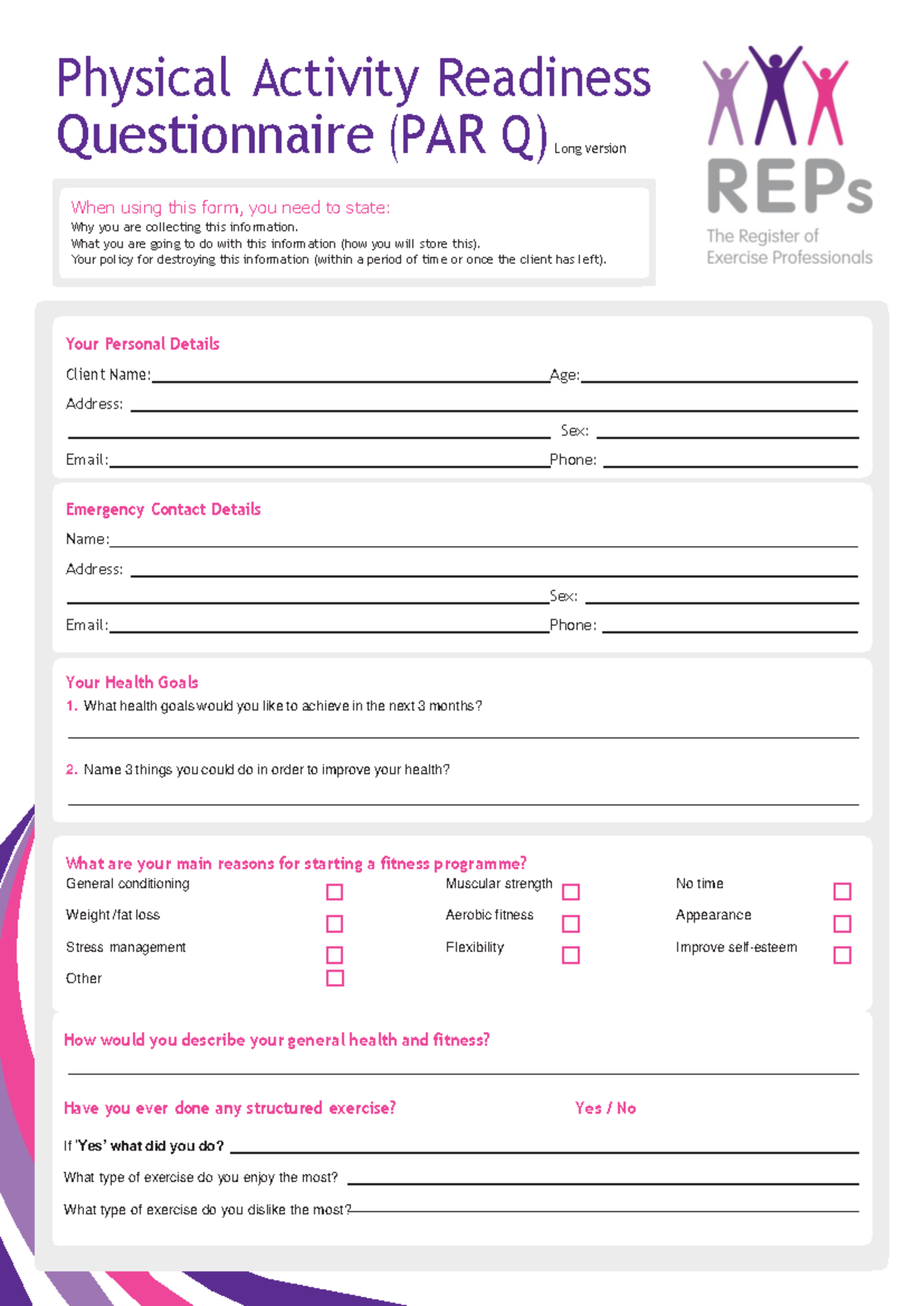 PAR-Q Form - Physical education - What are your main reasons for ...