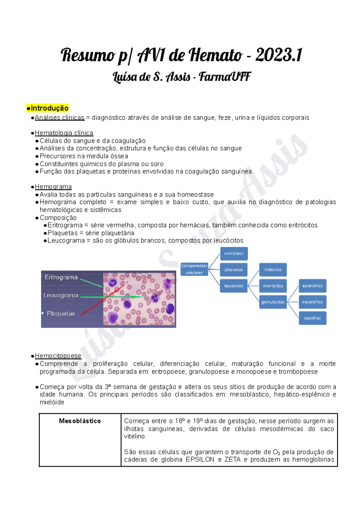 Resumo - AV1 - Hemato - Luís d So z Assi Resum p/ AV1 d Hemat - 2023. Luís d S. Assi - FarmUFF ...