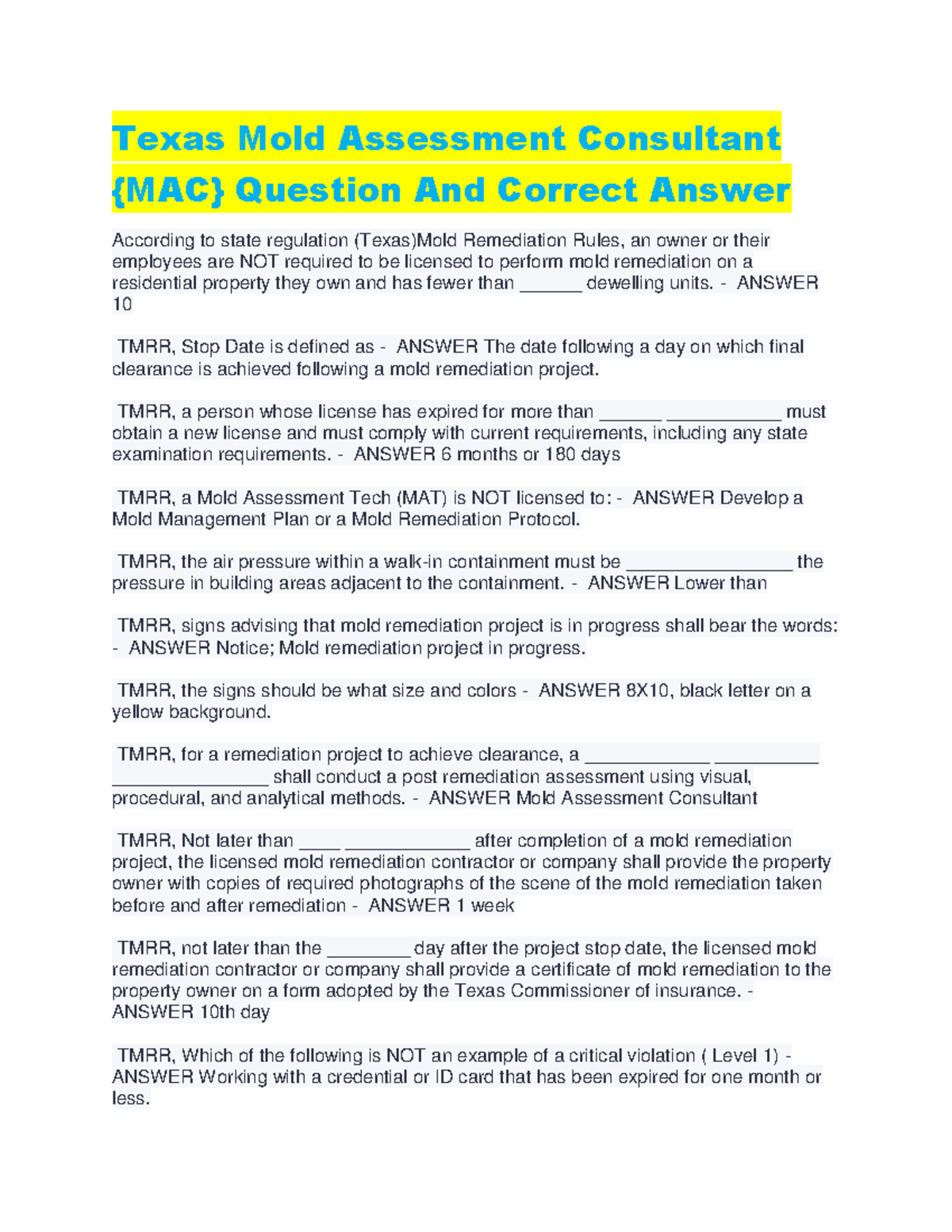 Texas Mold Assessment Consultant - ANSWER 10 TMRR, Stop Date is defined ...