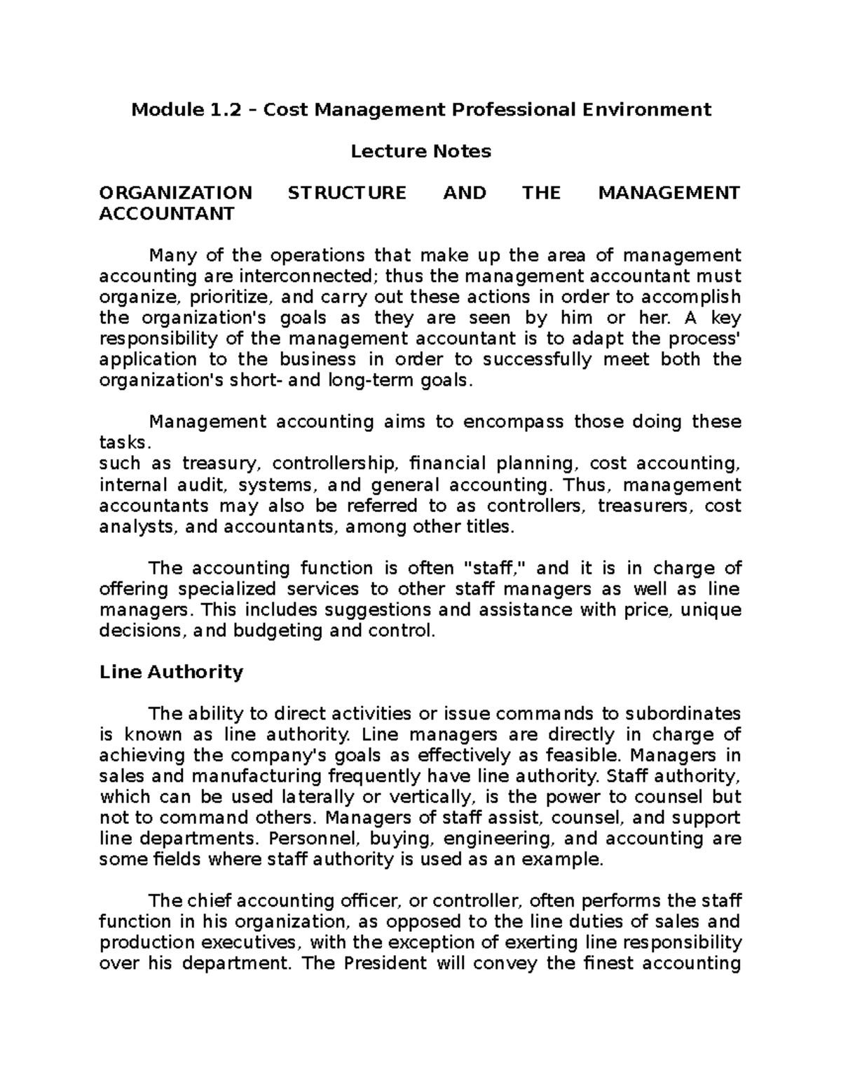 Module 1.2 – Cost Management Professional Environment - Module 1 – Cost ...