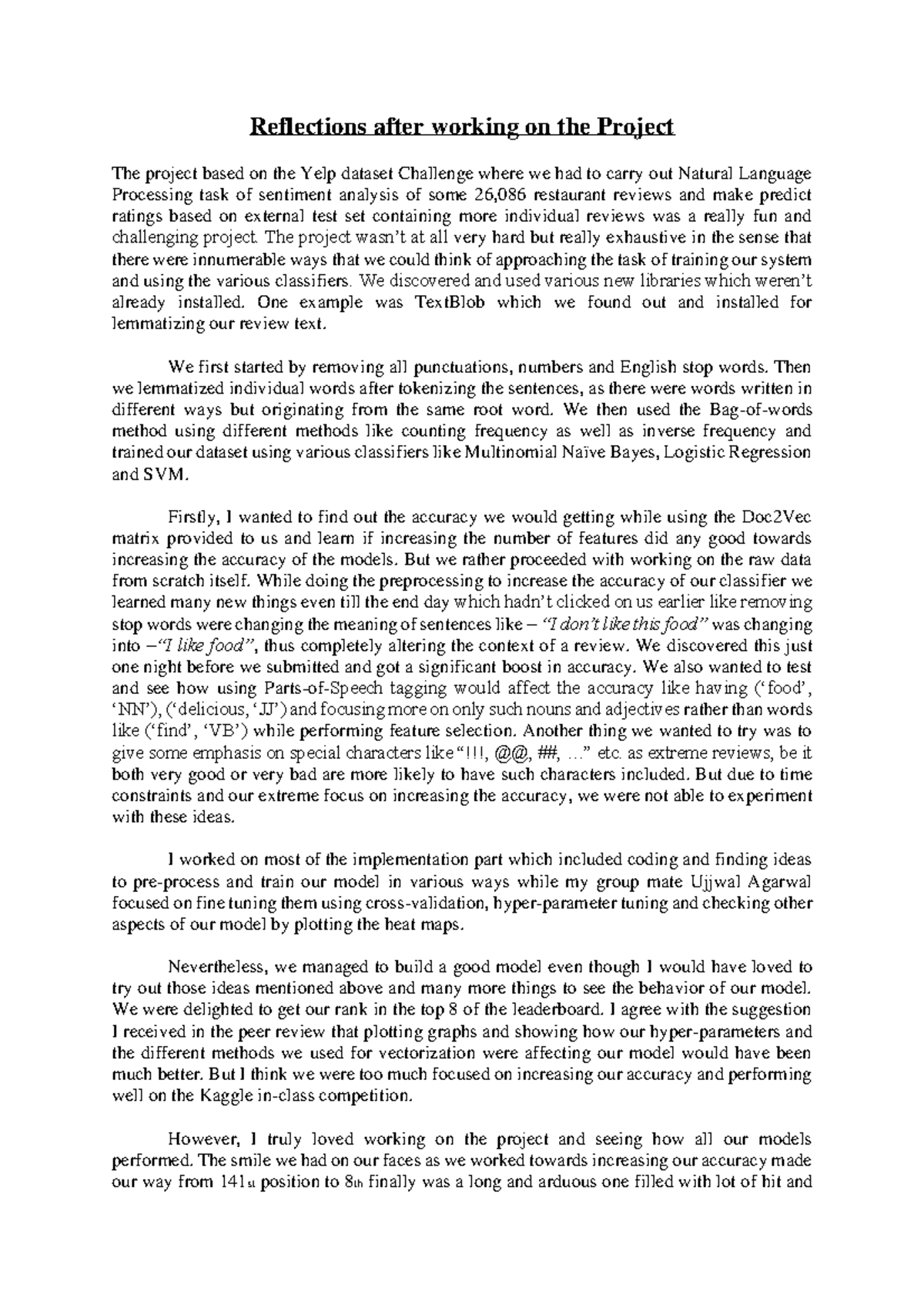 Self-reflection report after completion of assignment 2 - Reflections ...