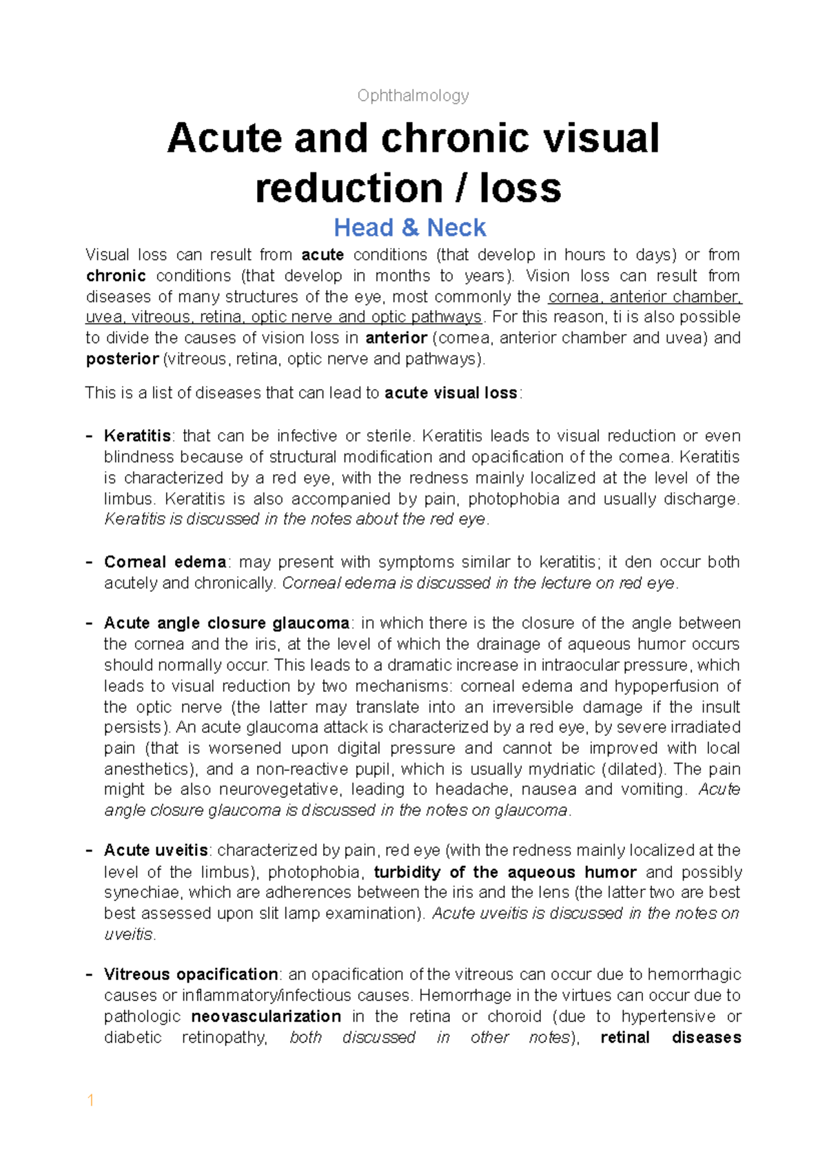 Acute and chronic visual reduction notes - Ophthalmology Acute and ...