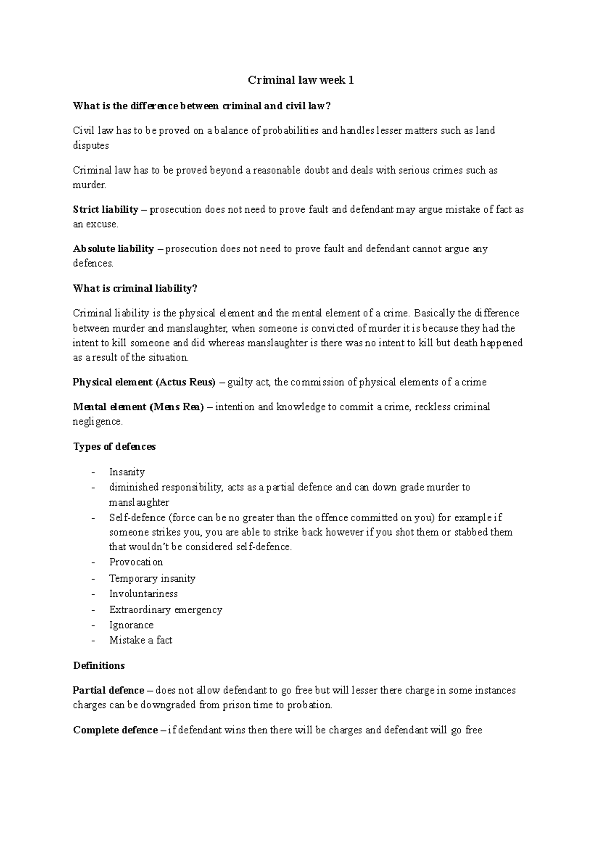 Criminal law week 1 notes document - Criminal law week 1 What is the ...
