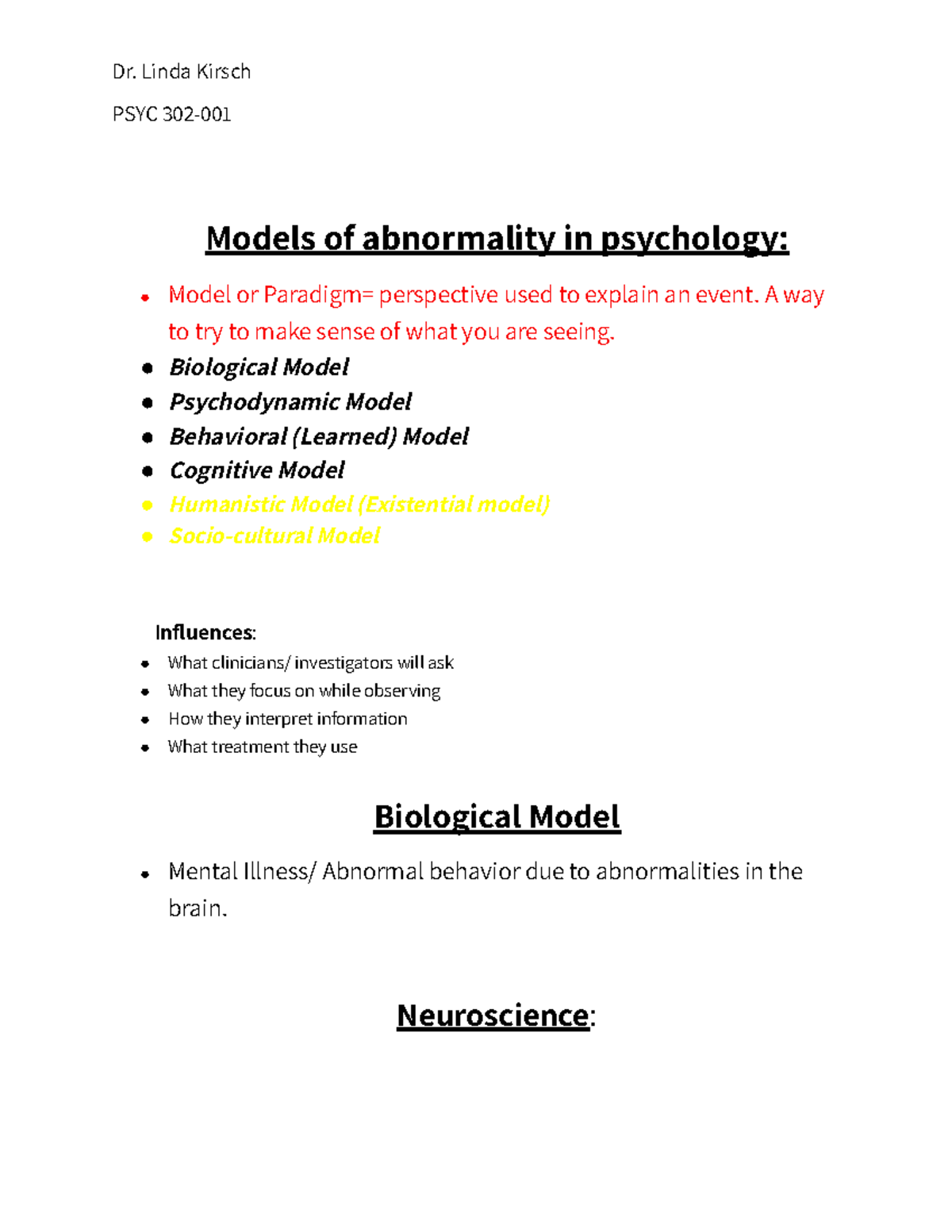 PSYC 302 Models Of Psychology - Dr. Linda Kirsch PSYC 302- Models of ...