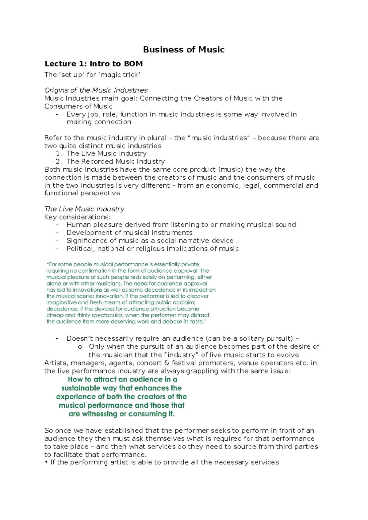 Business of Music - Week 1 Lecture Notes - Business of Music Lecture 1 ...