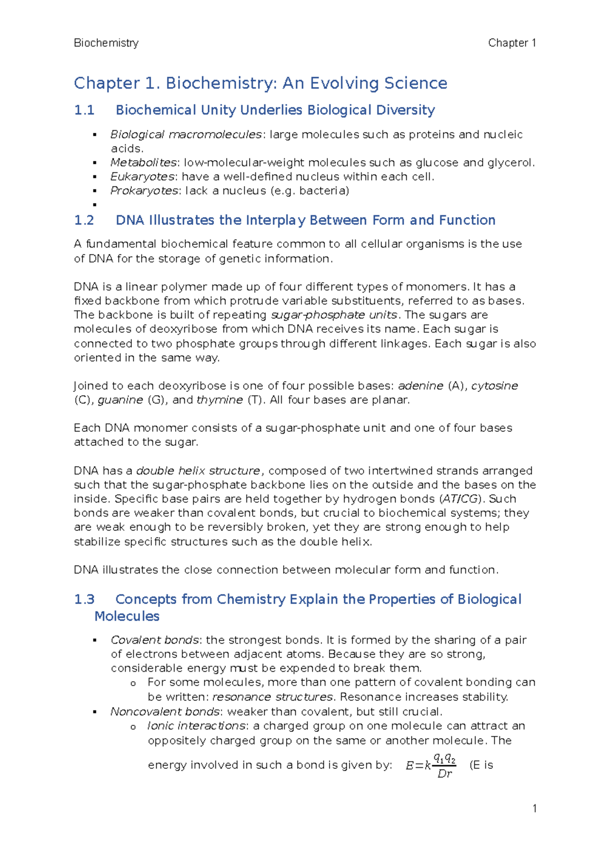 Summary chapter 1. Biochemistry An Evolving Science - Chapter 1 ...