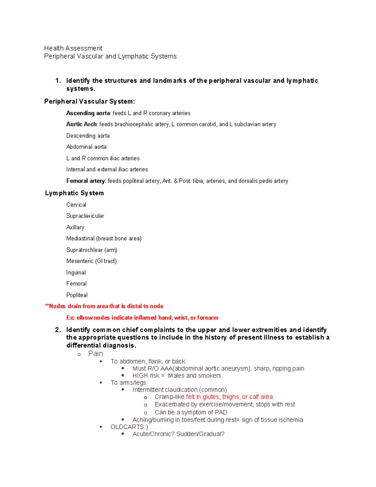 Health Assessment Peripheral Vascular - Identify the structures and landmarks of the peripheral ...