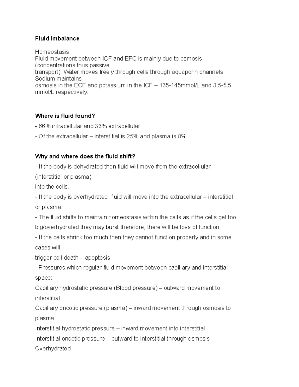 EXAM 1 PREP - exam 1 prep - Fluid imbalance Homeostasis Fluid movement ...