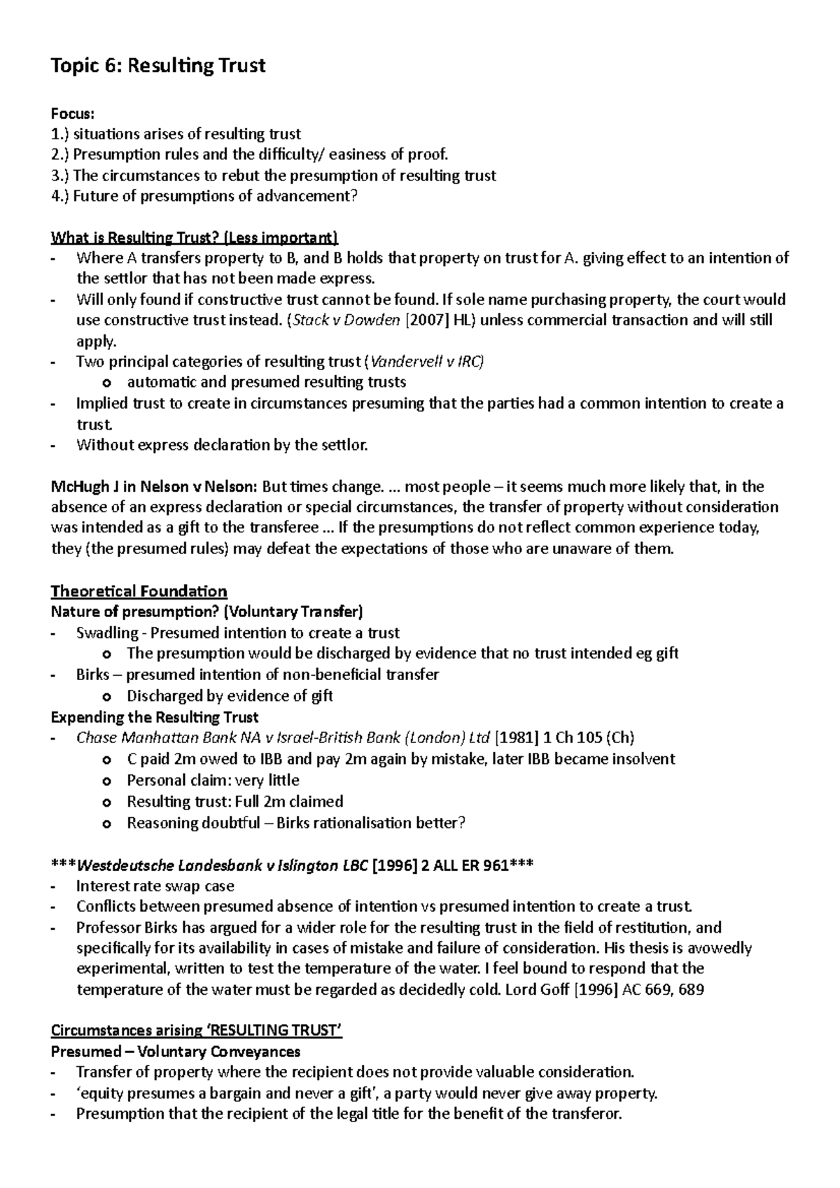 Topic 6 12 - Lecture notes on lecture 1, 3-7 - Topic 6: Resulting Trust ...