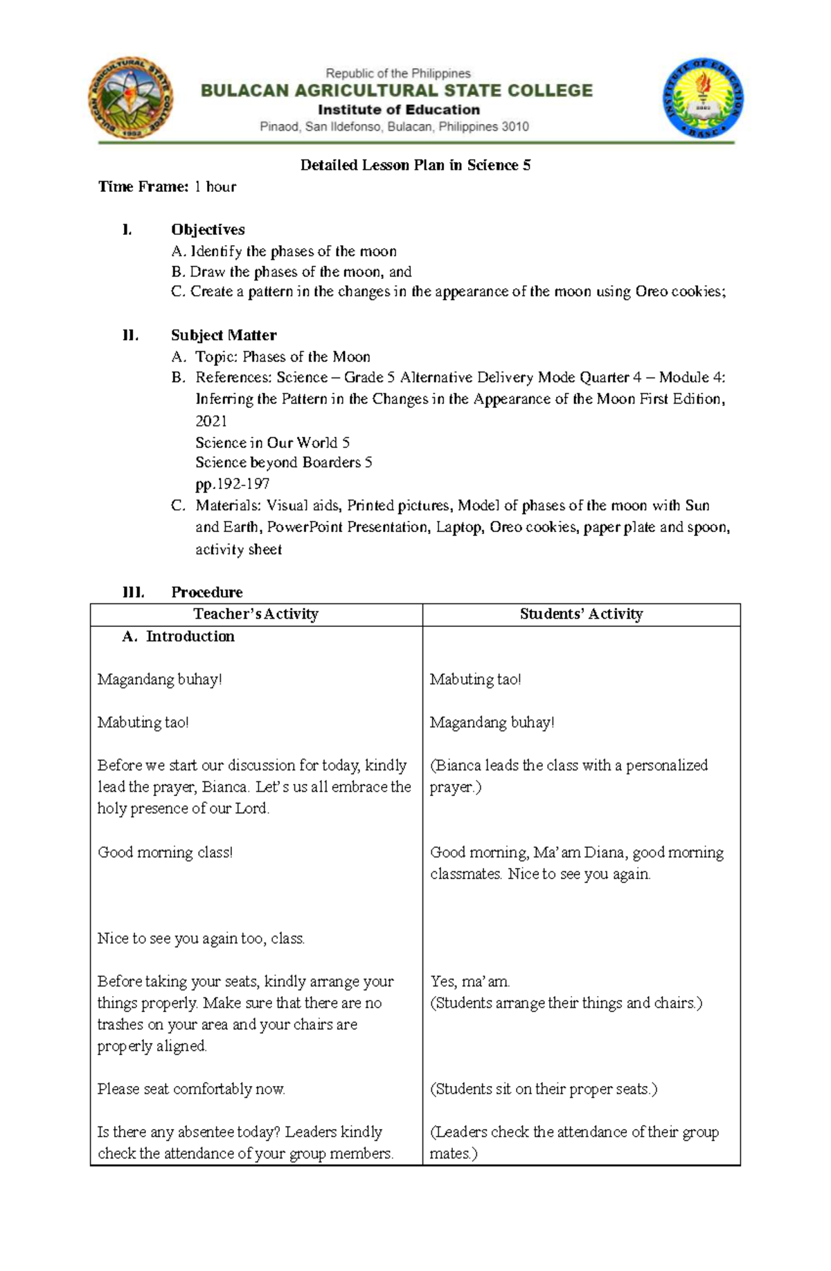 DLP Science 5 PT Diana - Detailed Lesson Plan in Science 5 Time Frame ...