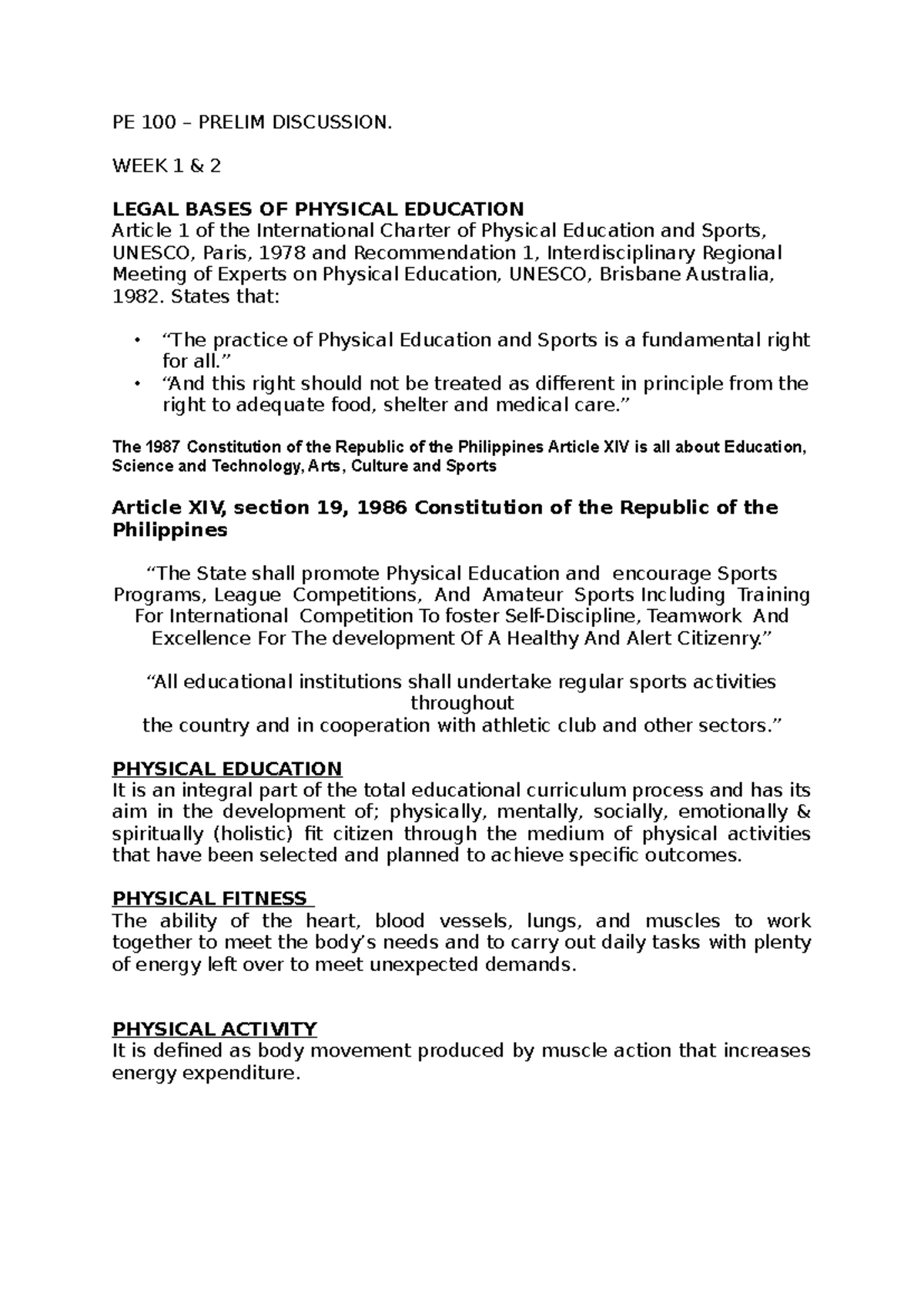 PE+100-Prelim+Lecture+Notes - PE 100 – PRELIM DISCUSSION. WEEK 1 & 2 ...