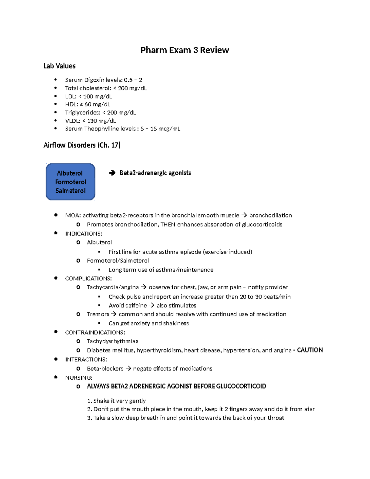 EXAM 3 Review B - Pharm Exam 3 Review Lab Values Serum Digoxin levels ...