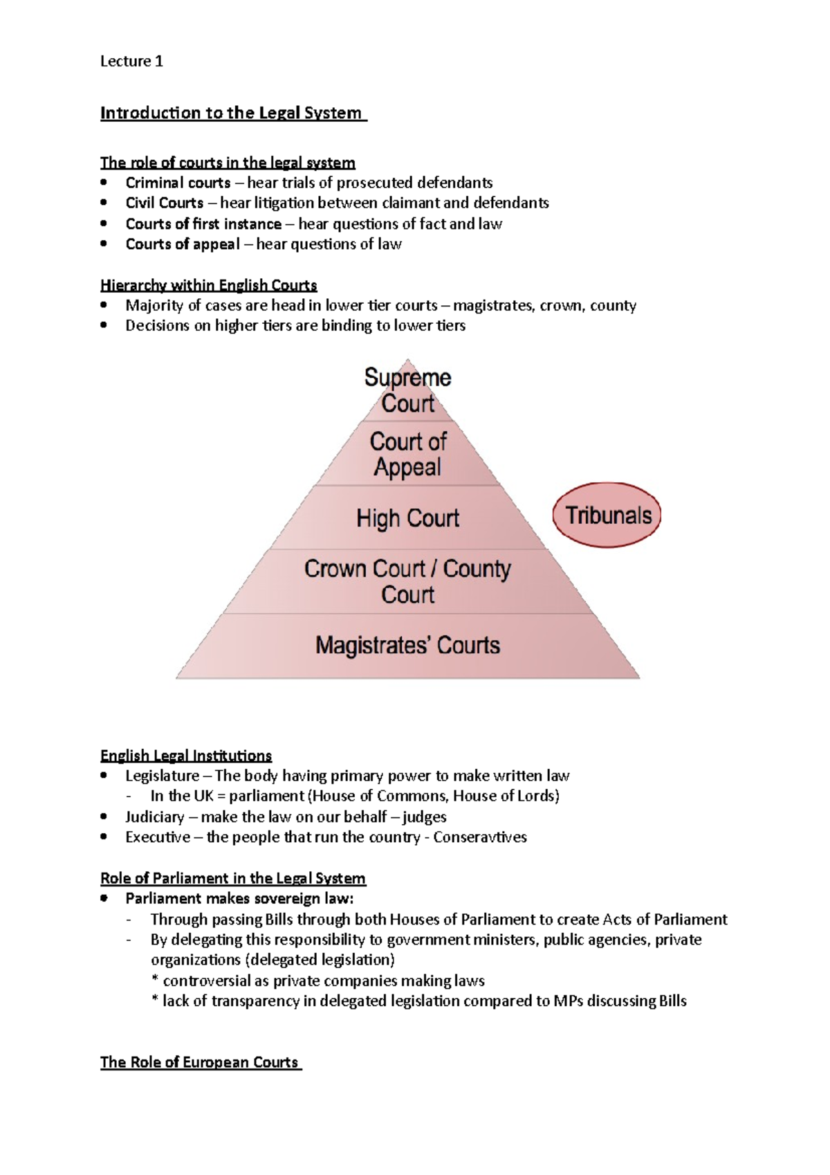 Lecture 1 - Introduction to the Legal System - Lecture 1 Introduction ...