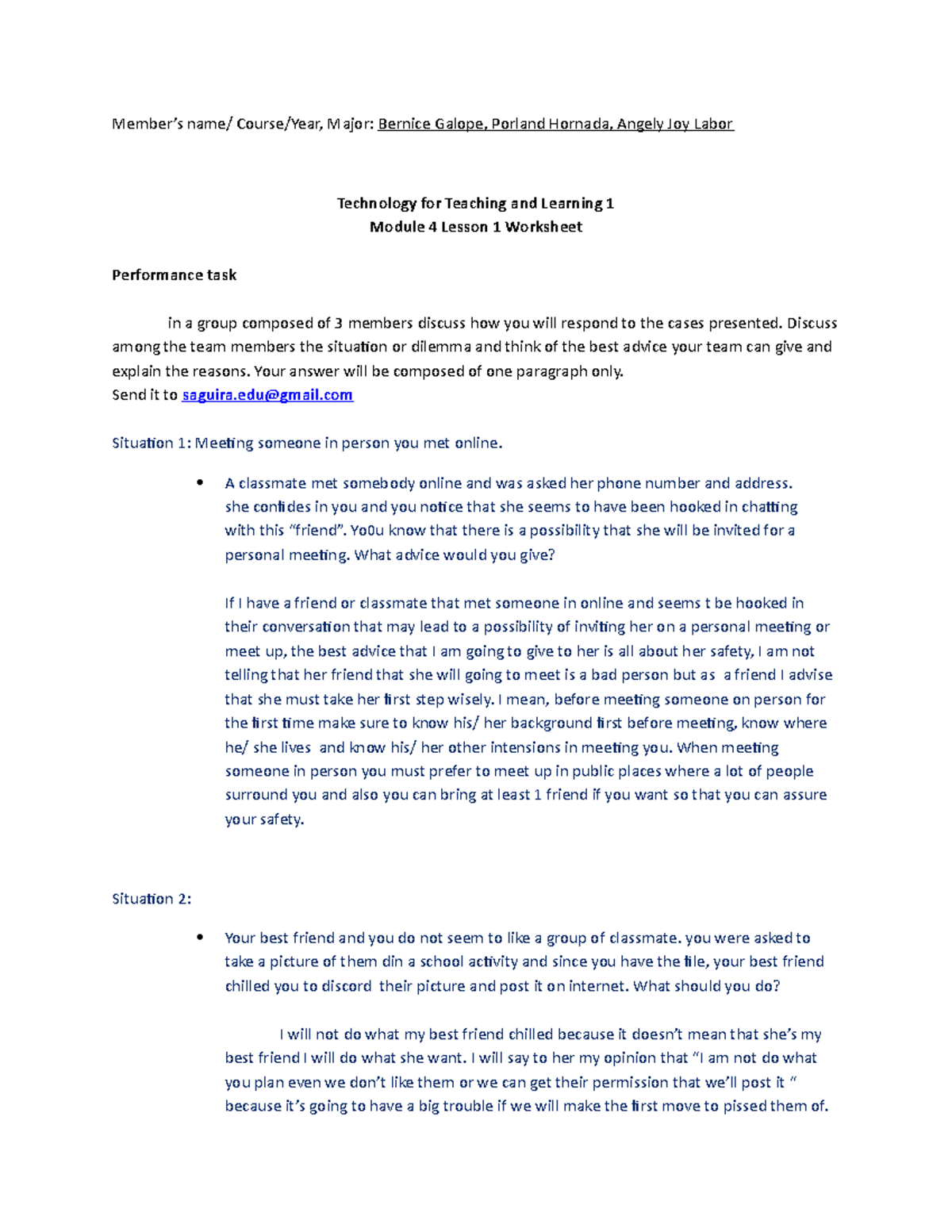 TTL module 4 lesson 1 - Member’s name/ Course/Year, Major: Bernice ...