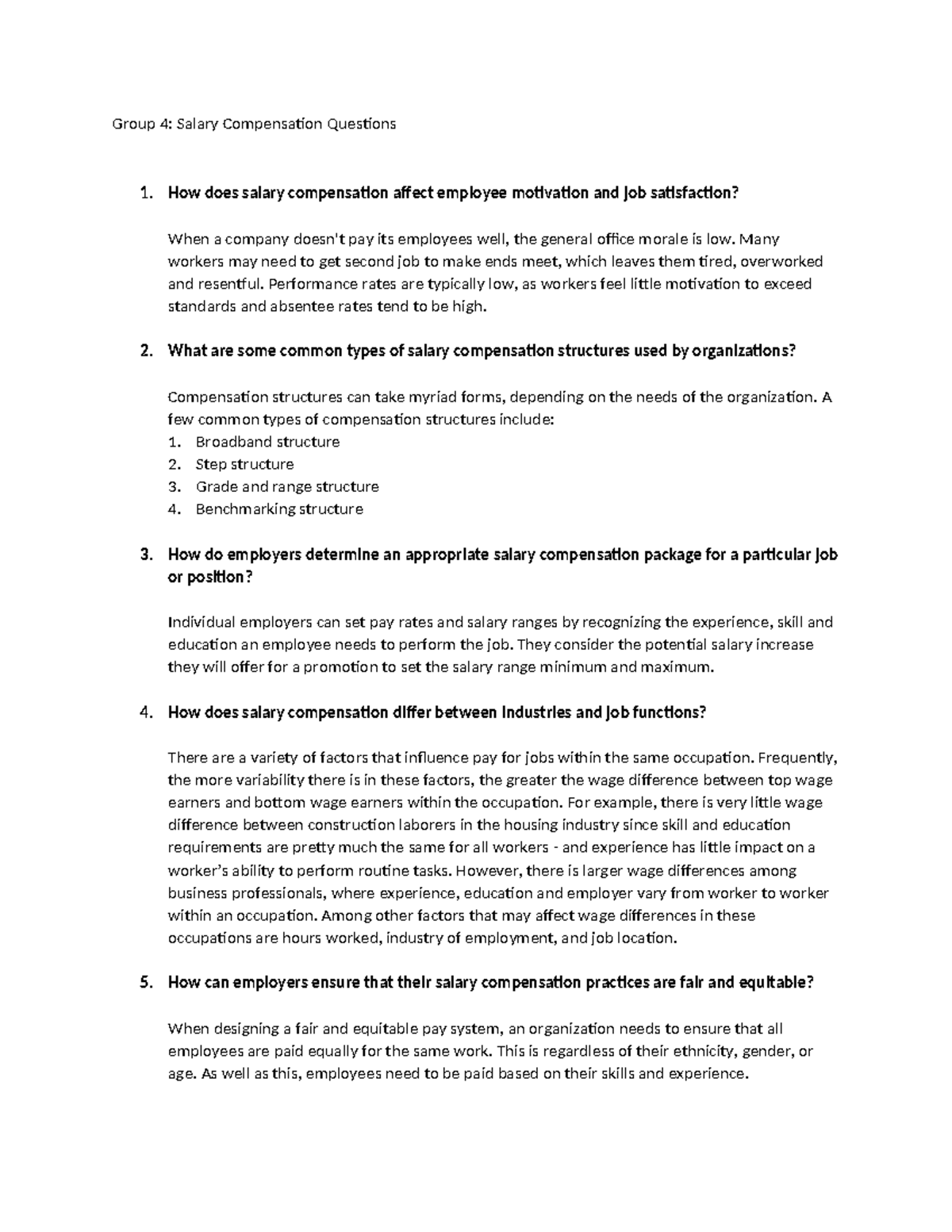 Group 4 - Salary Compensation Questions - How does salary compensation ...