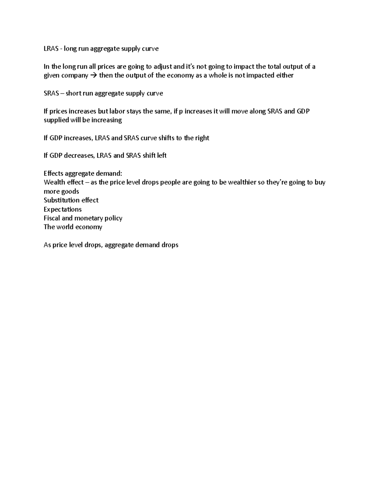 Lecture 13 Notes - LRAS - long run aggregate supply curve In the long ...