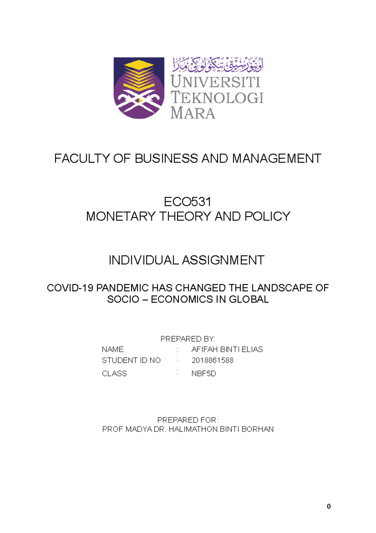 UiTM Assignment - FACULTY OF BUSINESS AND MANAGEMENT ECO MONETARY ...