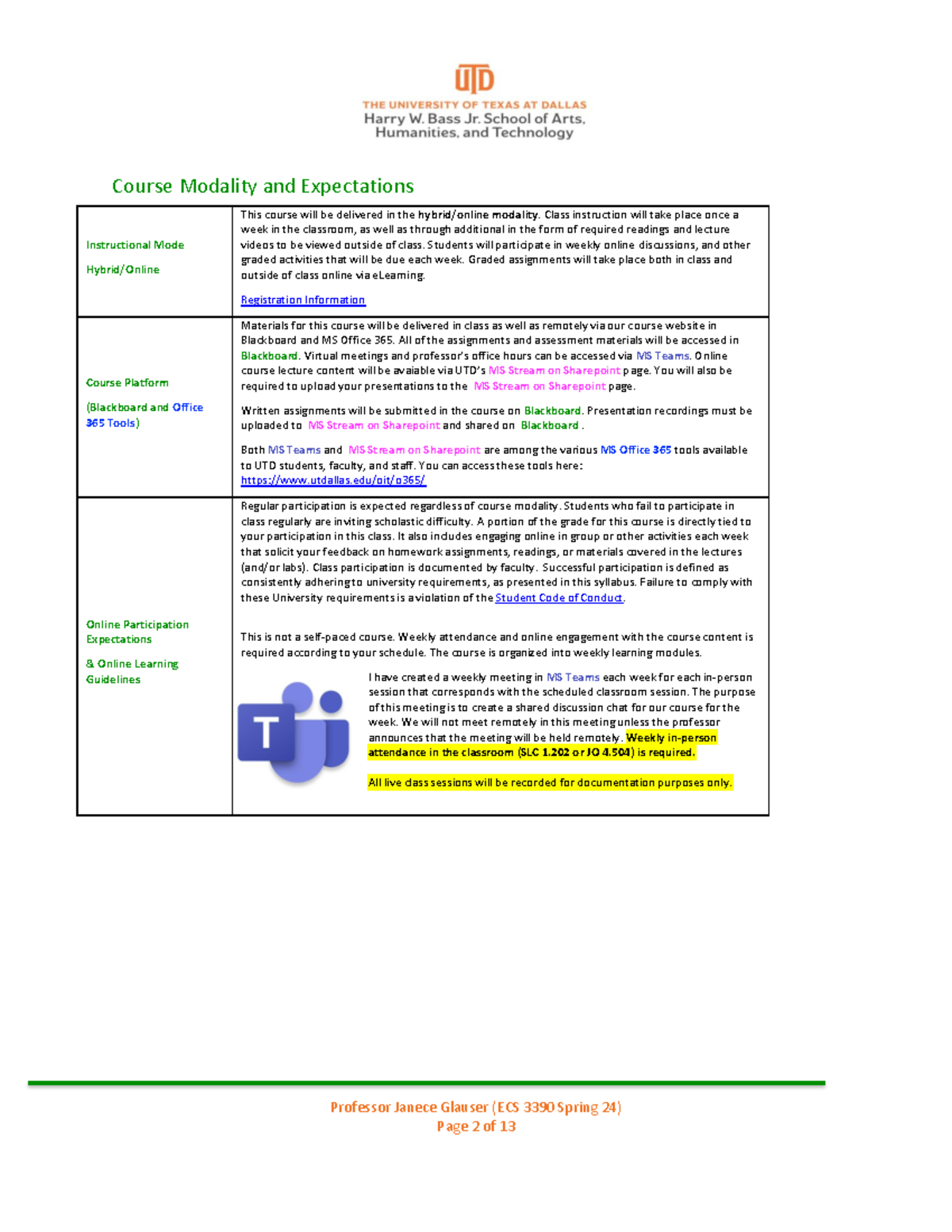 ECS 3390 Syllabus - Professor Janece Glauser (ECS 3390 Spring 24 ...