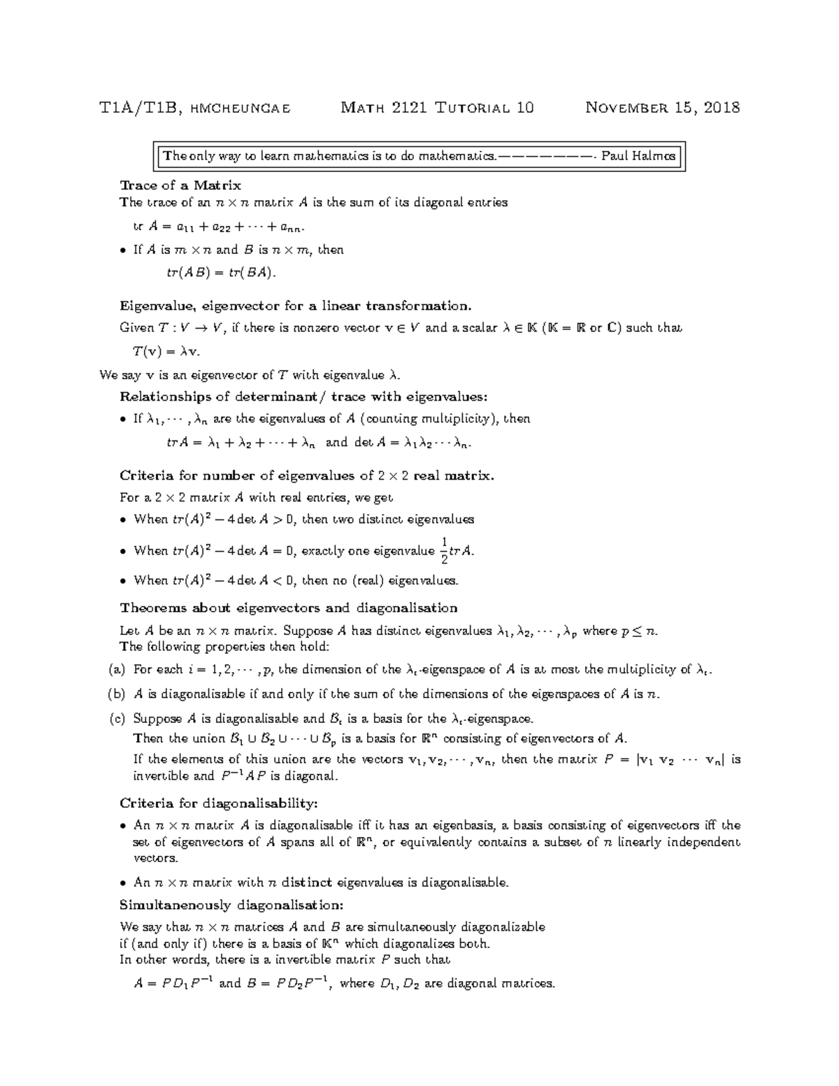 MATH 2121 Tutorial 10 - Cheung Ho Man - hmcheungae Math 2121 Tutorial 10 November 15, 2018 The ...