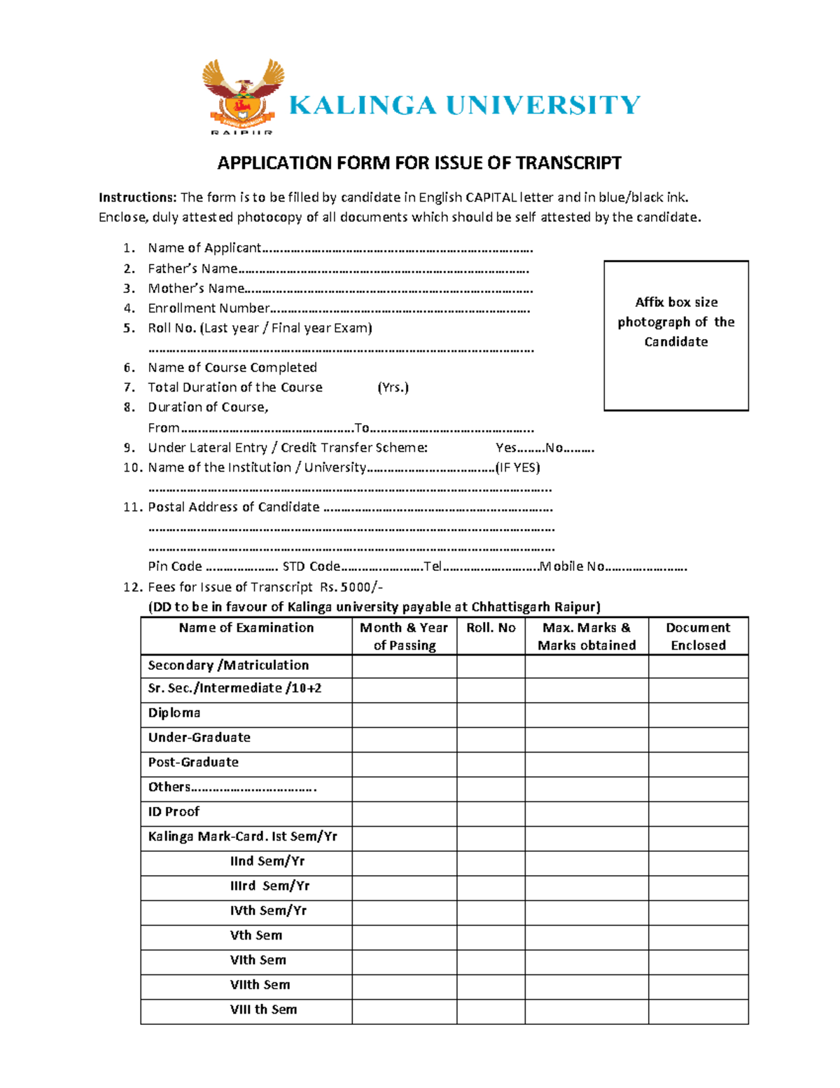 Application FORM FOR Transcript - APPLICATION FORM FOR ISSUE OF ...