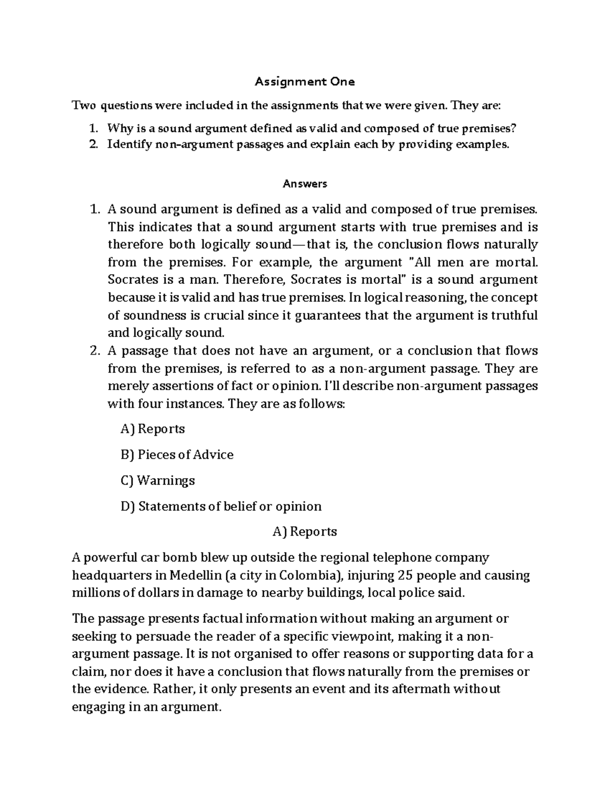 Assignment One - Summary Moral and Civics - Assignment One Two questions were included in the ...