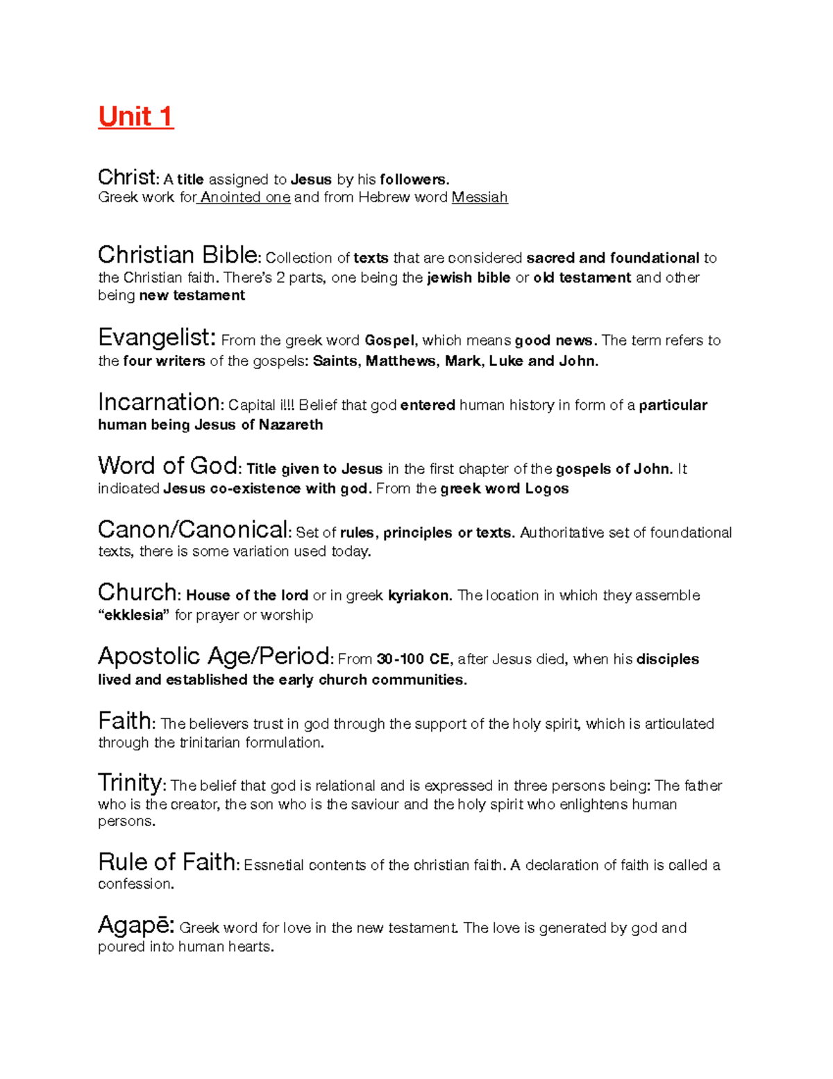 Final exam Theo review - Unit 1 Christ: A title assigned to Jesus by ...