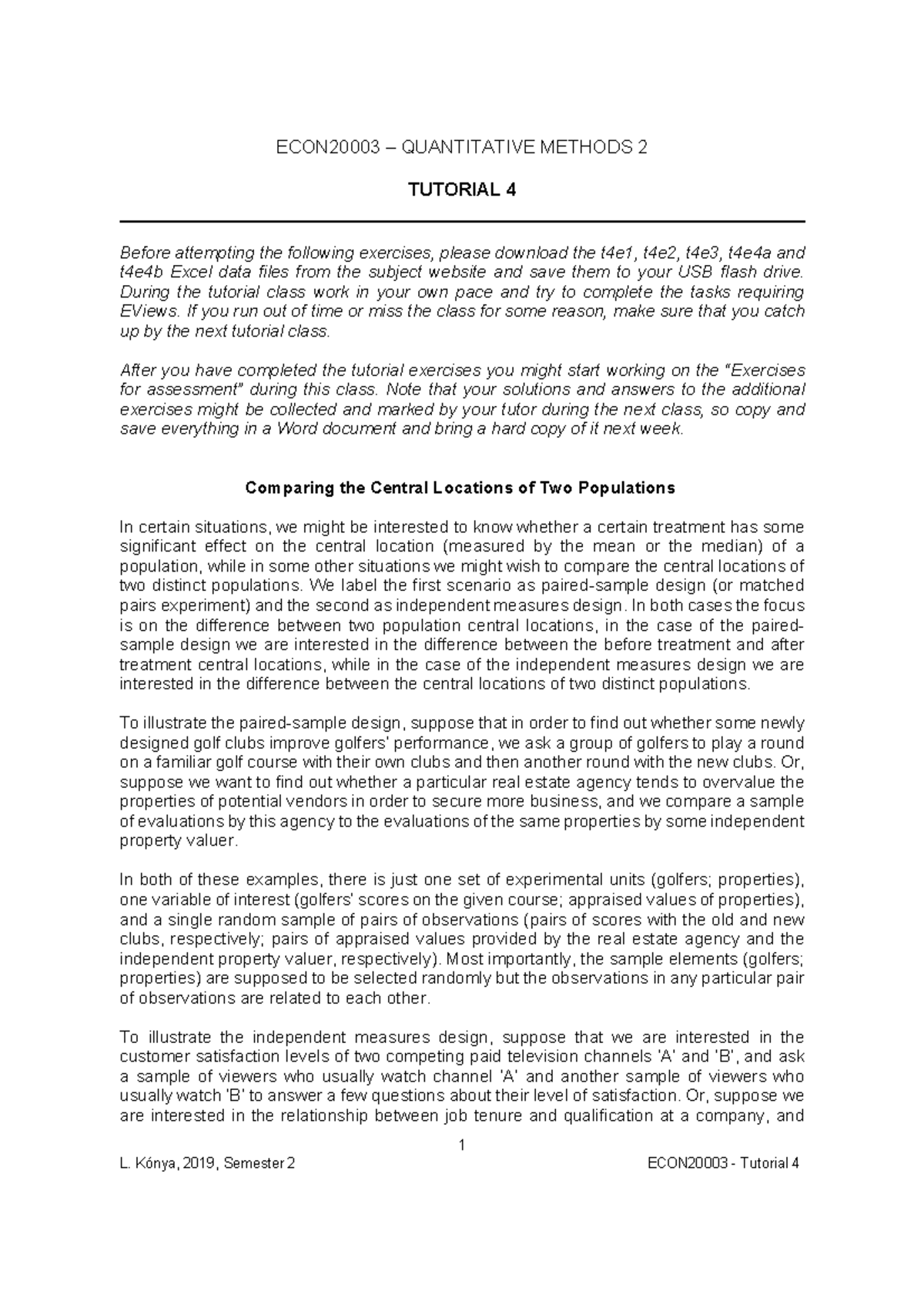 Quantitative Methods 2 tutorial 4 - (&21 ± 48$17,7$7,9( 0(7+2'6 78725,$/ - Studocu