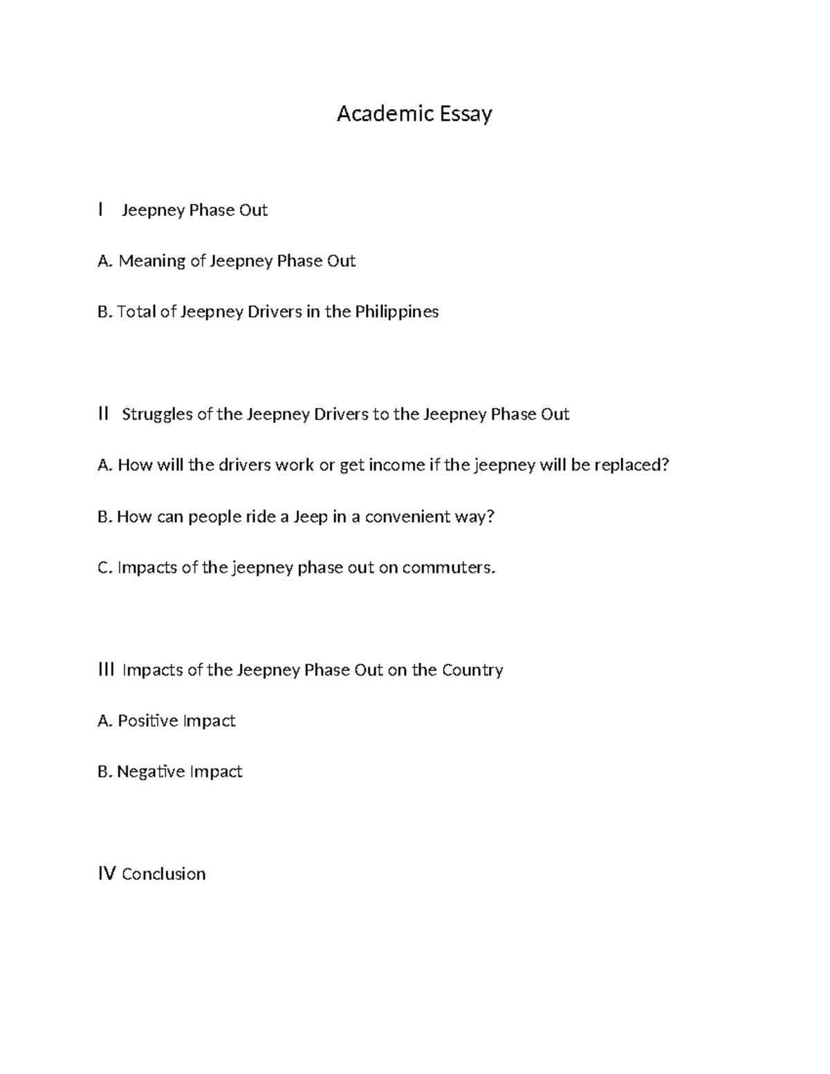 Academic Essay - Meaning of Jeepney Phase Out B. Total of Jeepney ...
