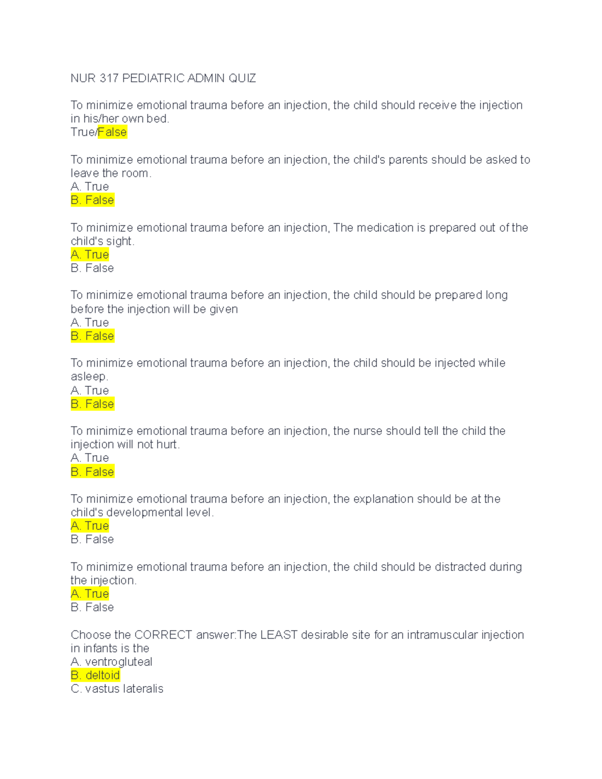 NUR 317 Pediatric Admin QUIZ - NUR 317 PEDIATRIC ADMIN QUIZ To minimize ...