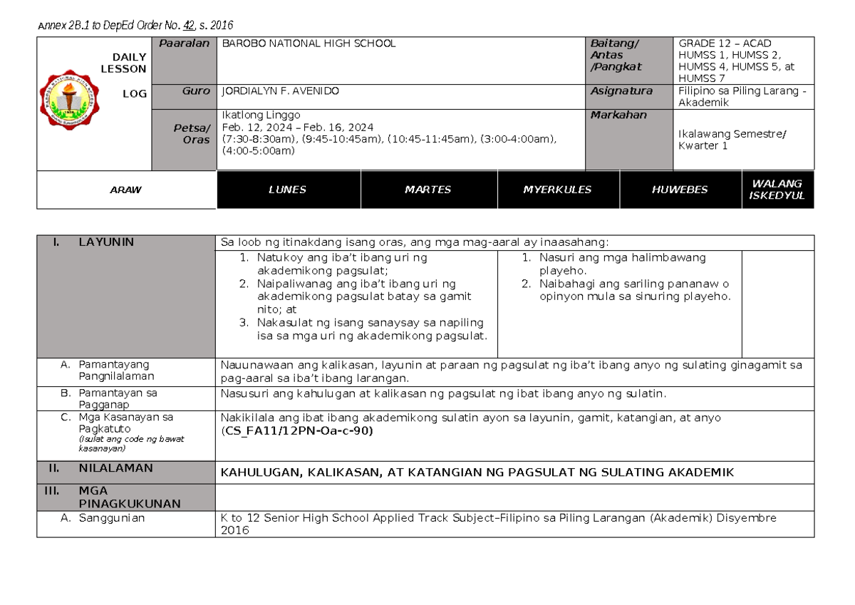 DLL Q1 FPL Akad W2 - Filipino sa Piling Larang - DAILY LESSON LOG Paaralan BAROBO NATIONAL HIGH ...