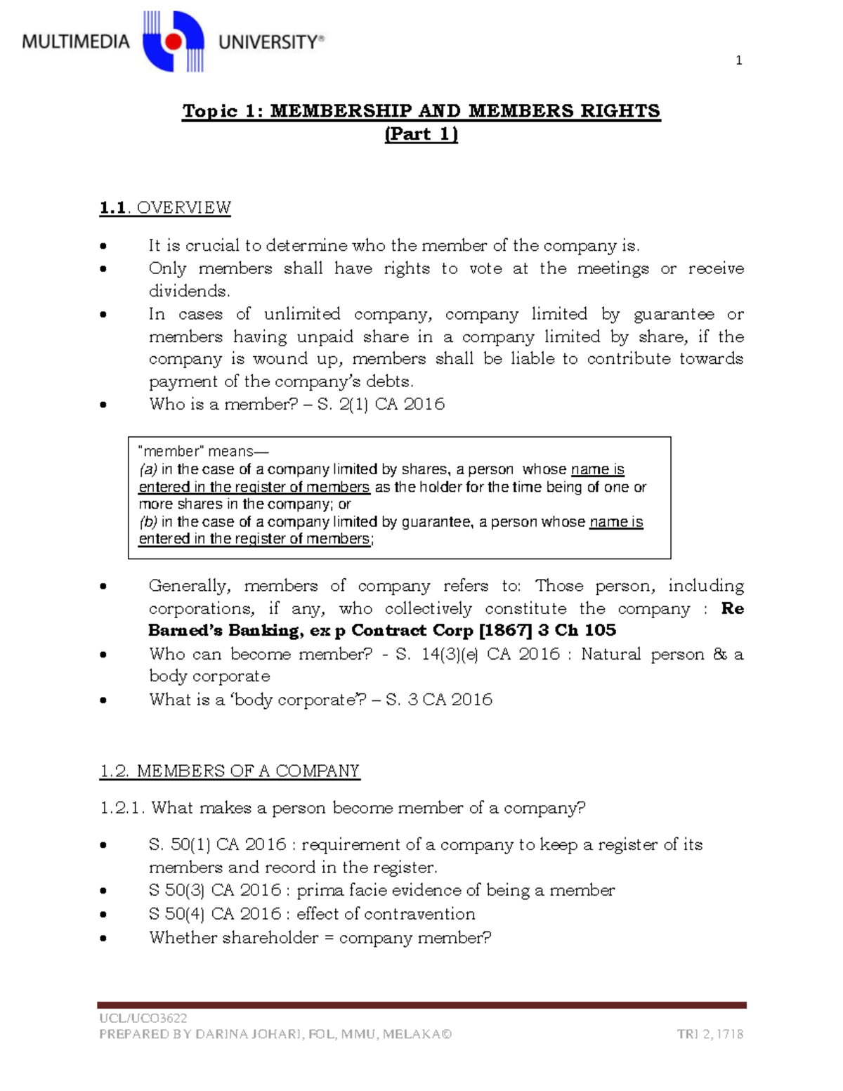 175404 Topic 1 Membership AND Members Rights (PART 1) - UCL/UCO Topic 1 ...